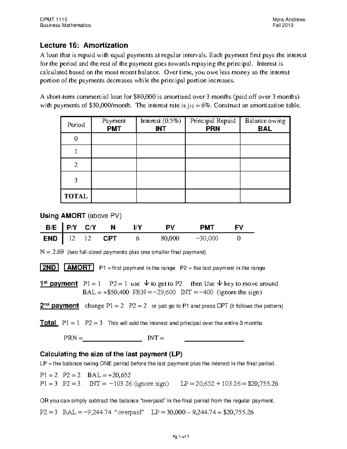 Lecture 16-17 Amortization & Mortgages OPMT-1110-0 - Business ...