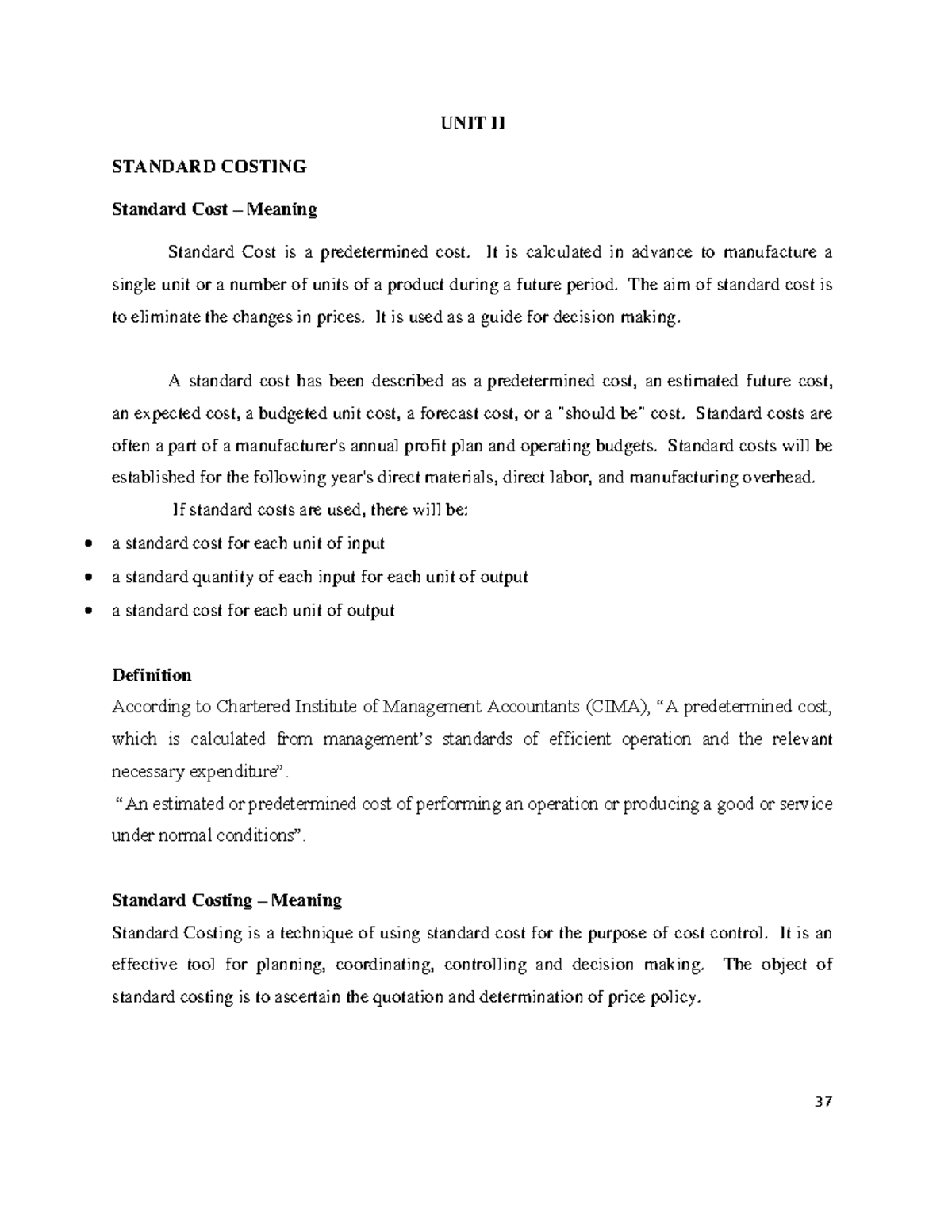 Management accounting unit 2 - UNIT II STANDARD COSTING Standard Cost ...