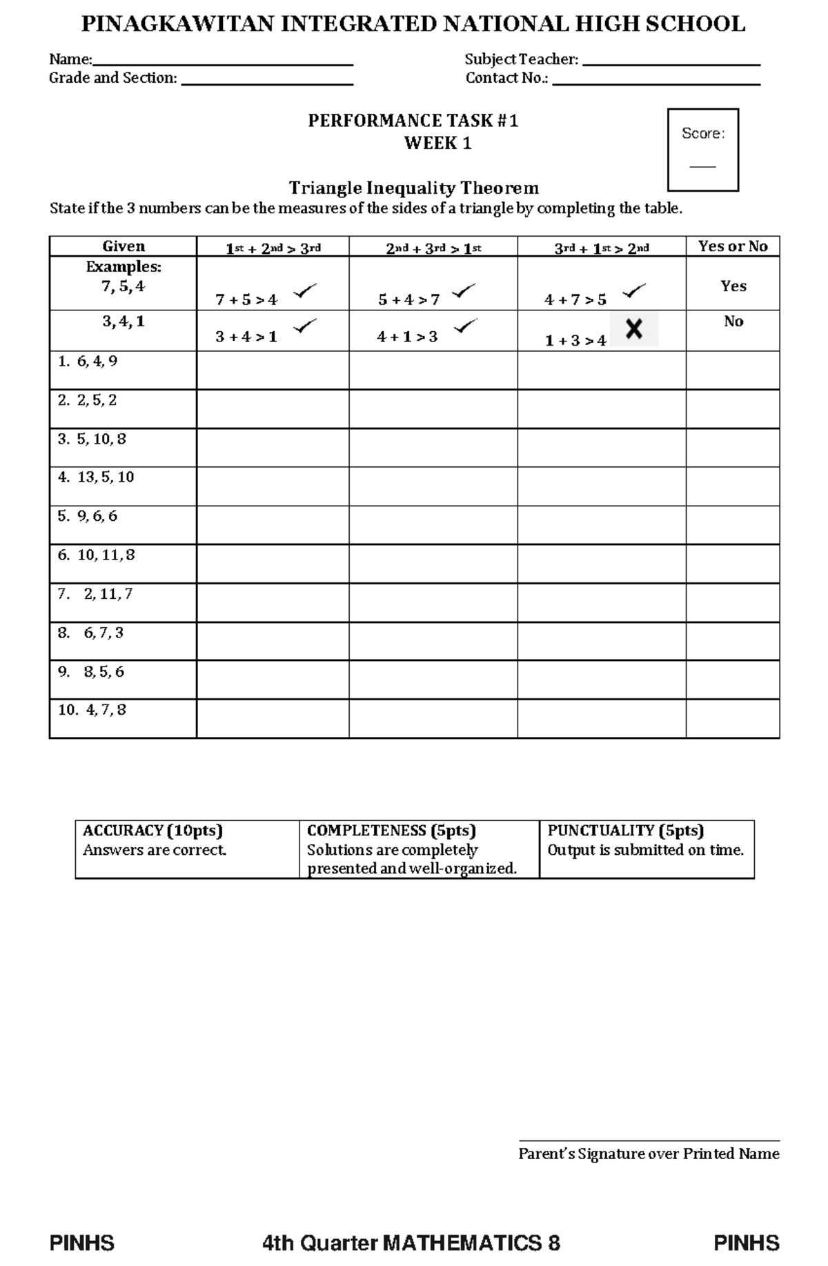 Math 8 PT Quarter 4 - sfsfds - Name: Grade and Section: Subject Teacher ...