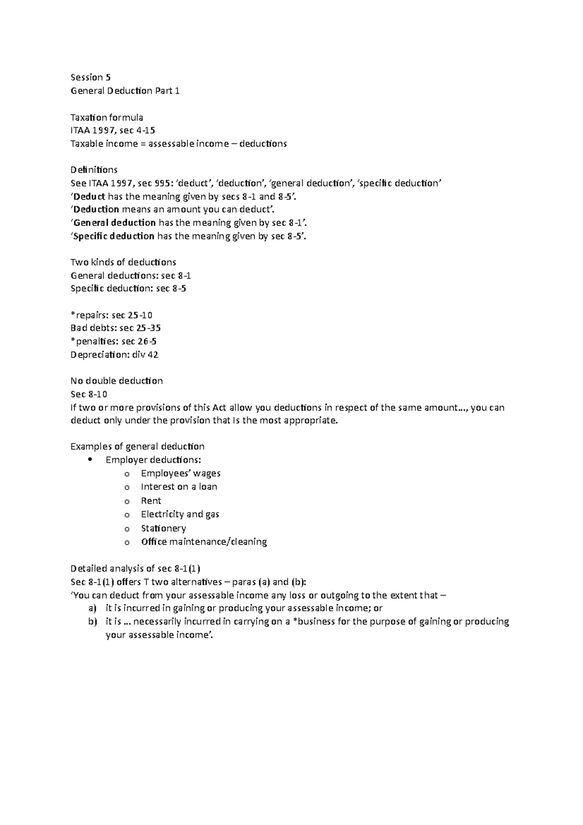 Session 5 general and specific deduction notes - Session 5 General ...