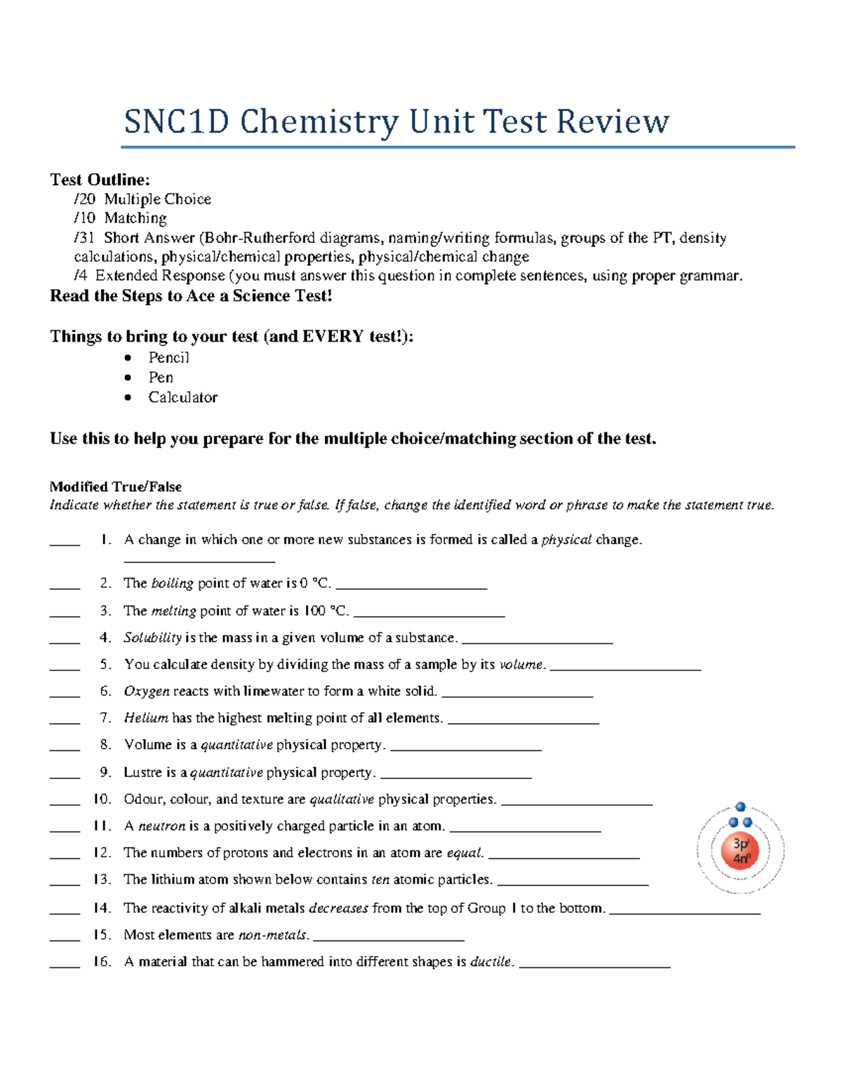 SNC1D Chemistry Unit Test Review - SNC1D Chemistry Unit Test Review ...