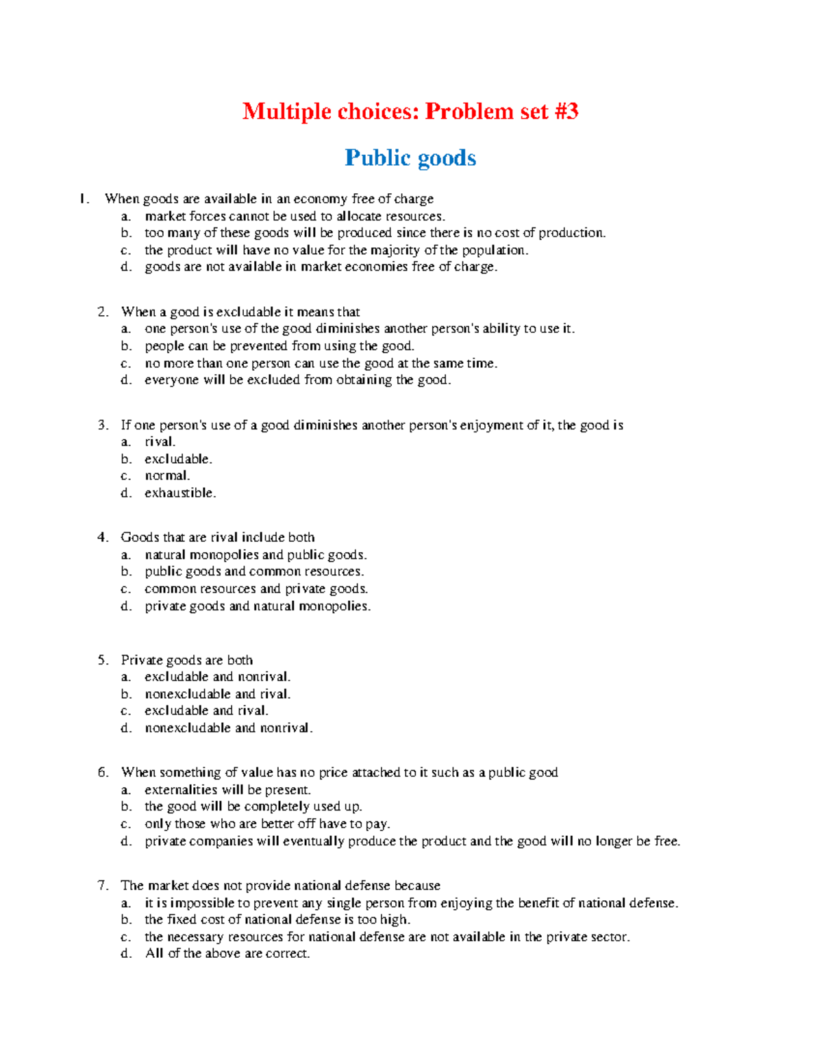 Public Goods and Stock Market Practice Multiple Choice Questions #3 ...