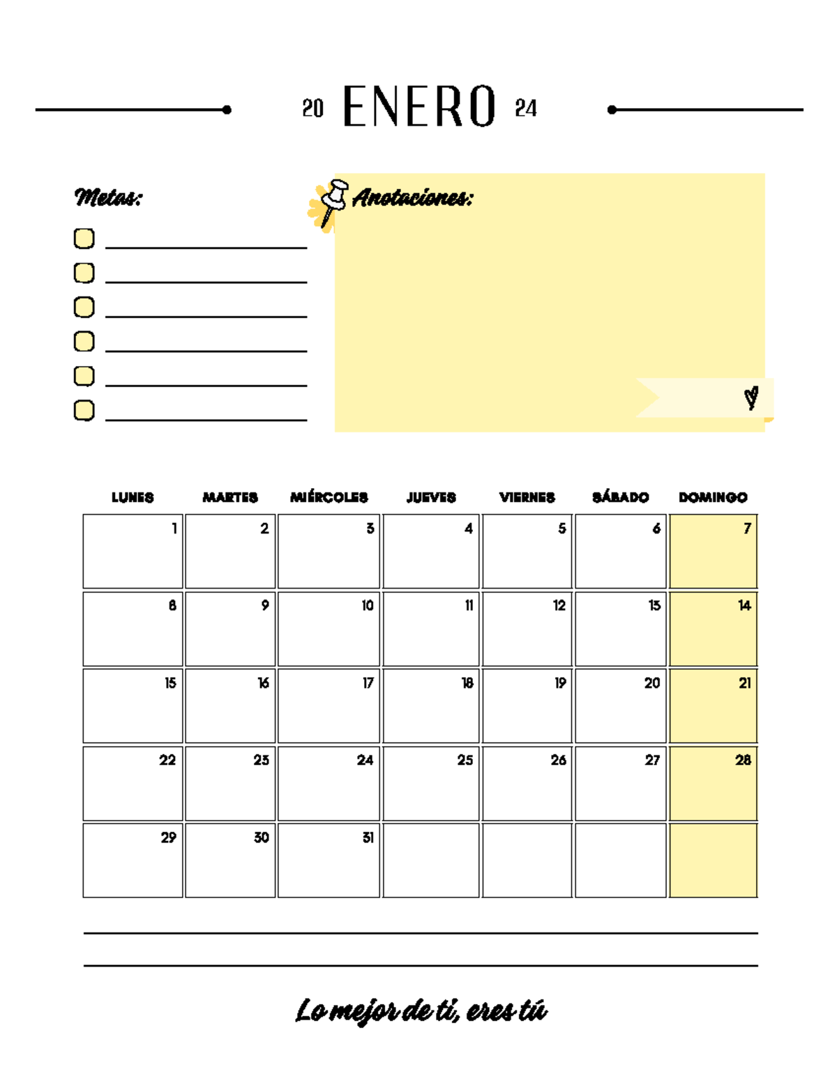 Calendario diseñado para desempeño - 20 ENERO 24 Metas: Anotaciones: I ...