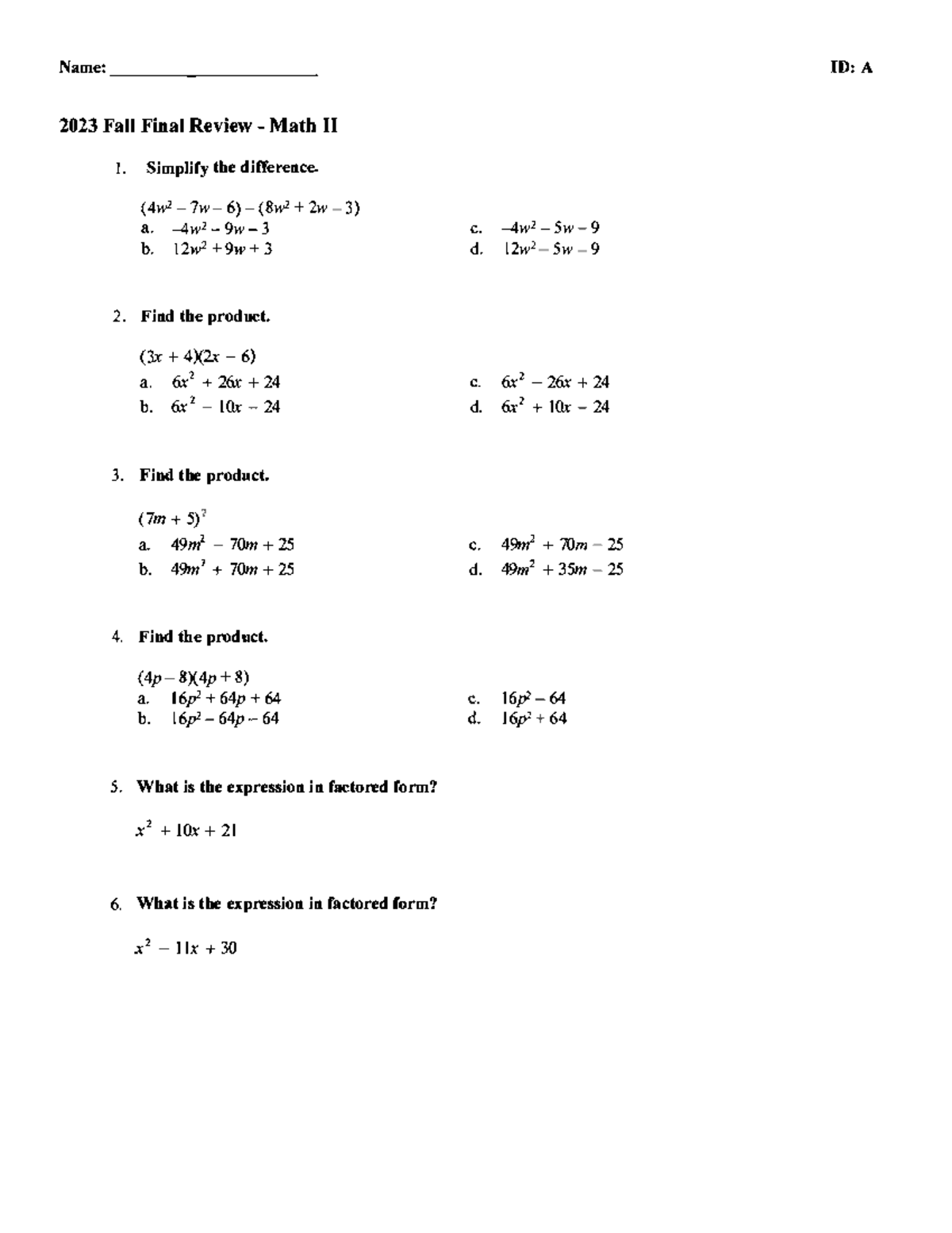 2023 Fall Final Review - Name: - 2023 Fall Final Review - Math II I ...