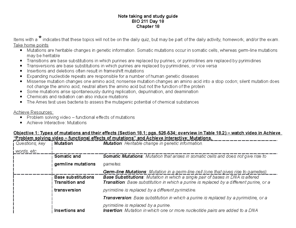 BIO 211- Day 18 Ch18 DNA Mutations and Repair - Note taking and study ...