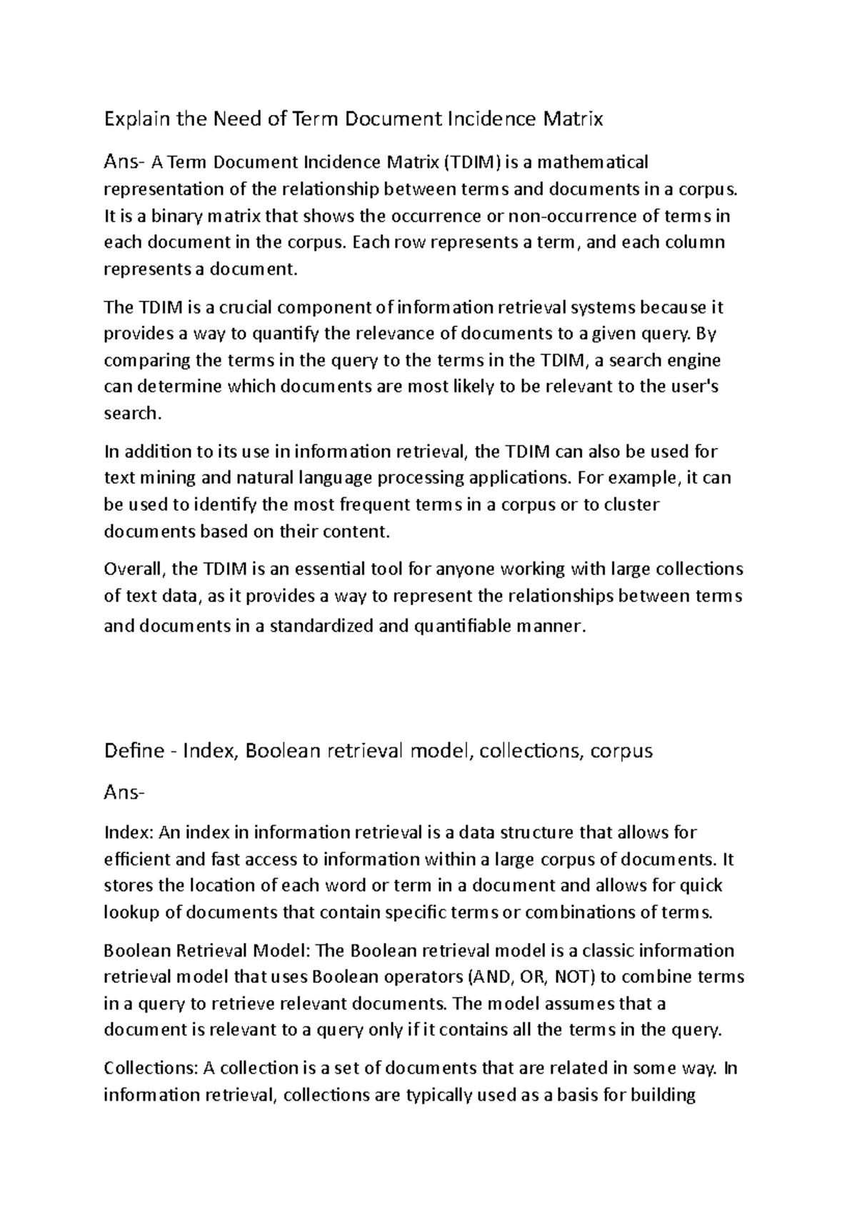 IR unit 1 - Summary of IR Unit 1 - Explain the Need of Term Document ...