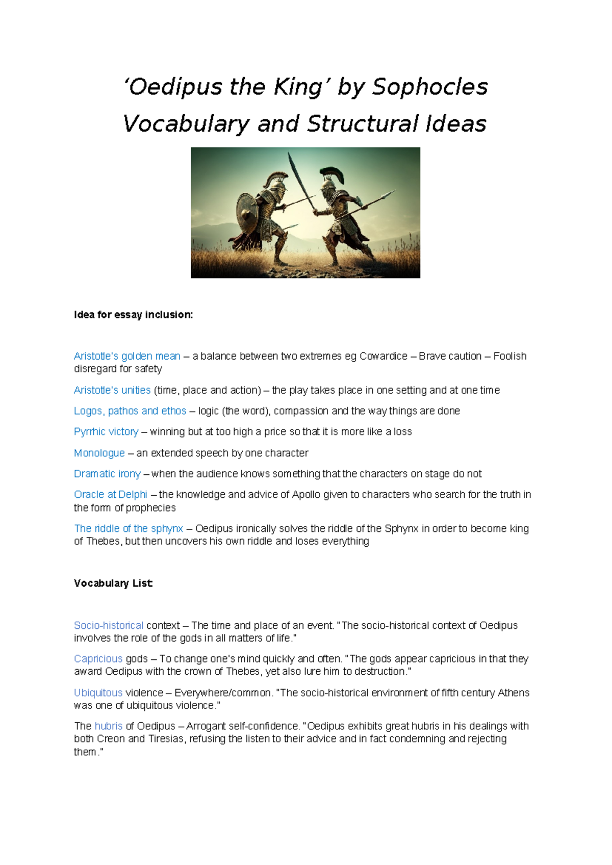 Oedipus the King Essay Inclusions and Vocabulary - ‘Oedipus the King ...