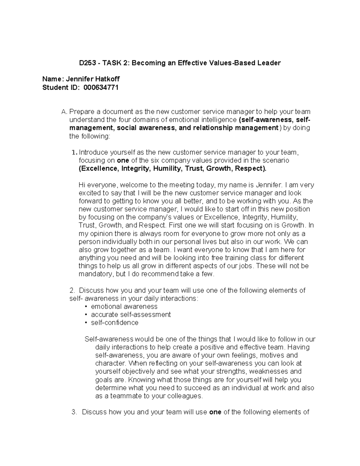 D253 Task 2 Assignment - D253 - TASK 2: Becoming an Effective Values ...
