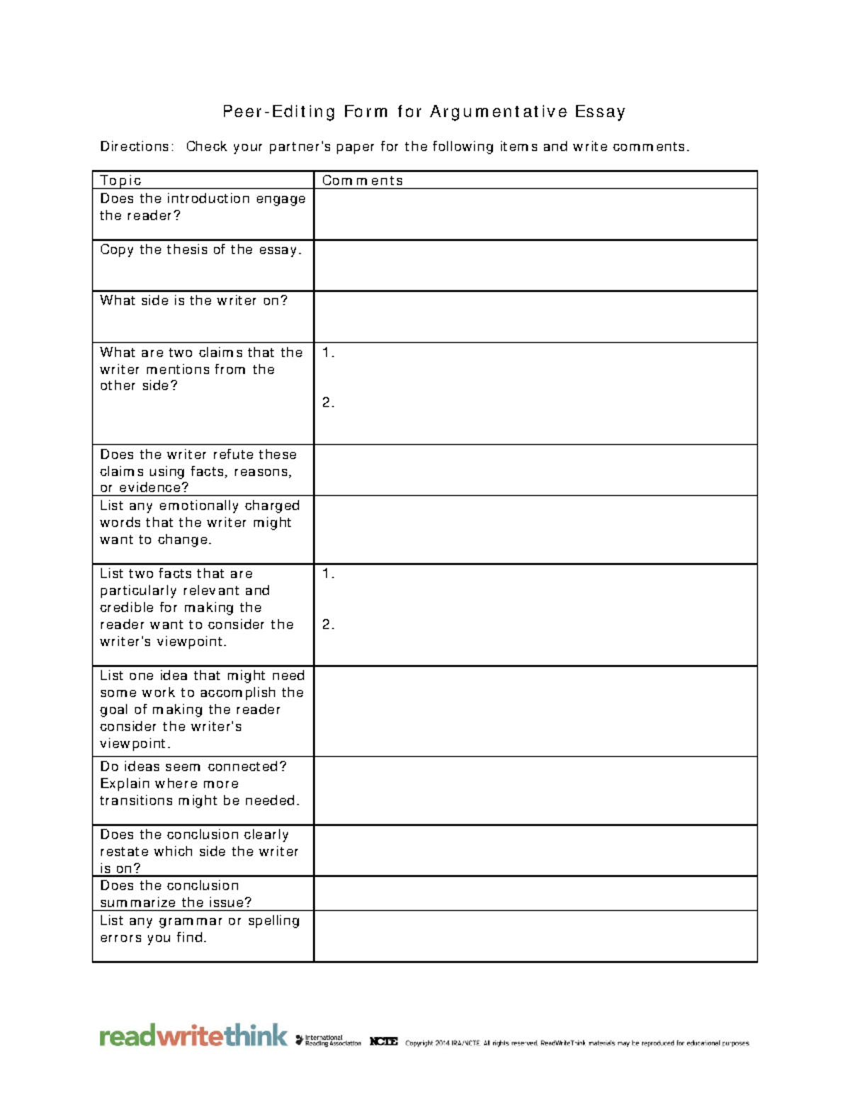 Peer-Editing Argumentative Essay - Peer-Editing Form for Argumentative ...