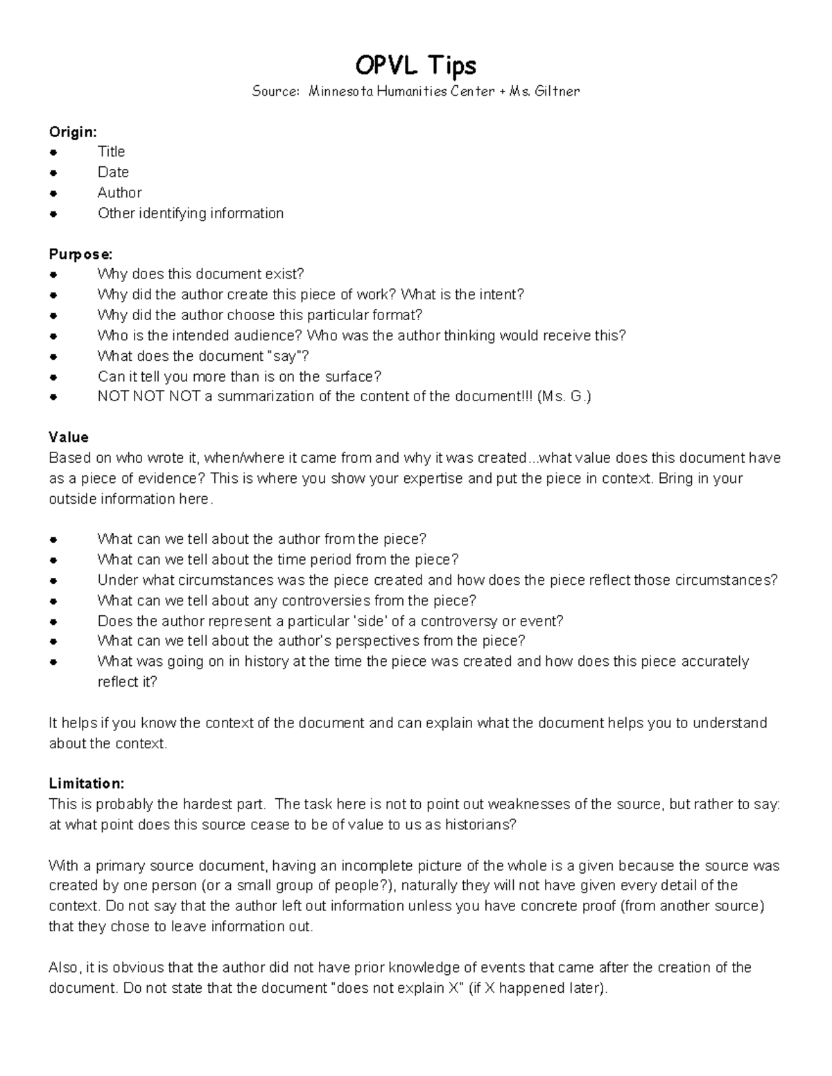 Paper 1 Opvlstrategies - OPVL Tips Source: Minnesota Humanities Center ...