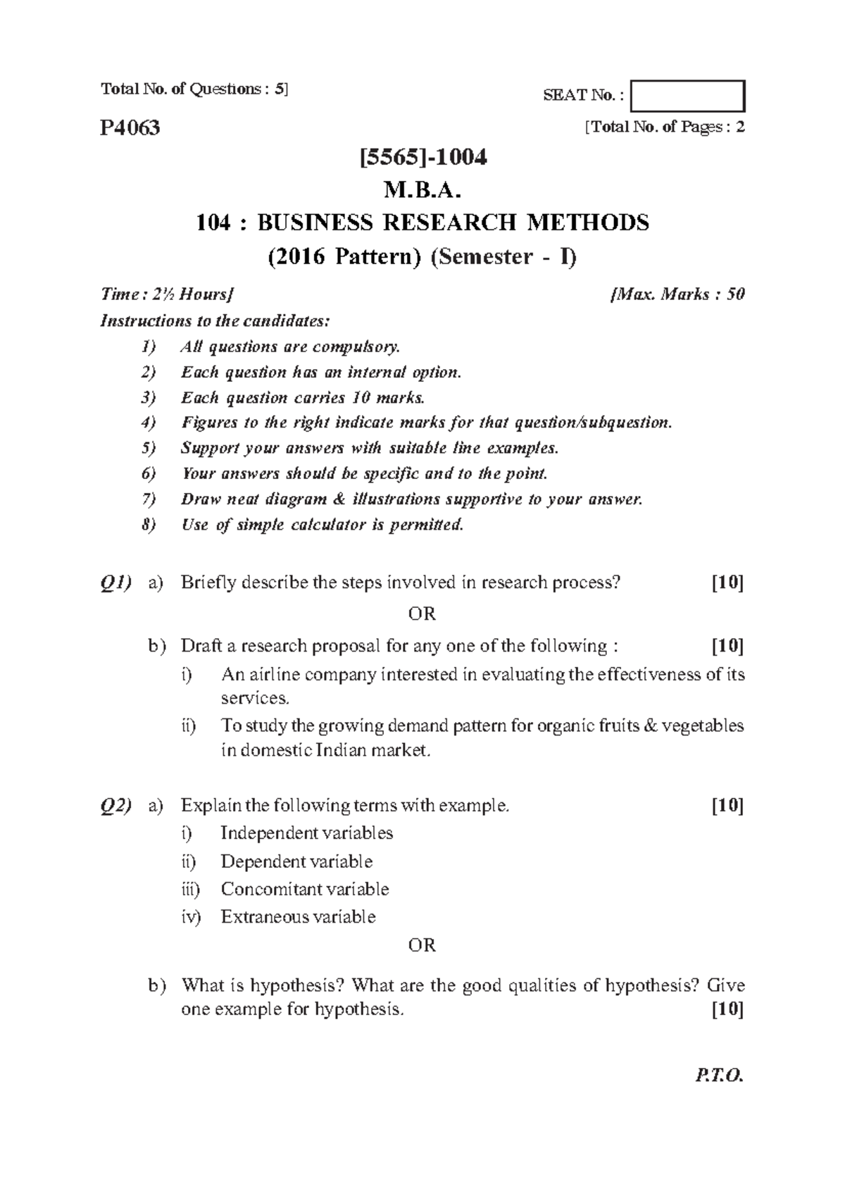 104 Business Research Methods 2016 Pattern Semester I 1 - ####### Total ...