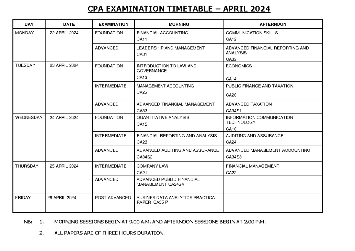CPA APR 2024 EXAM Timetable - CPA EXAMINATION TIMETABLE – APRIL 2024 ...