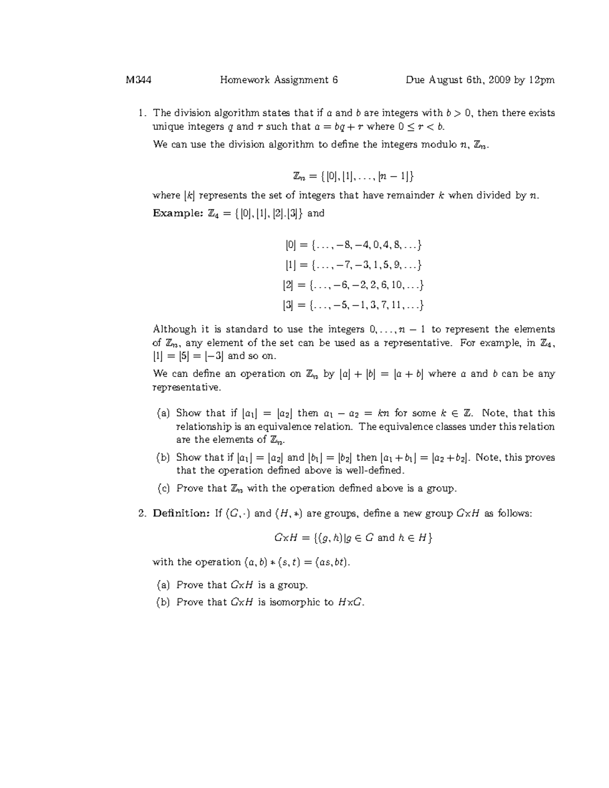 M344 Homework Assignment 6 - The division algorithm states that if a ...