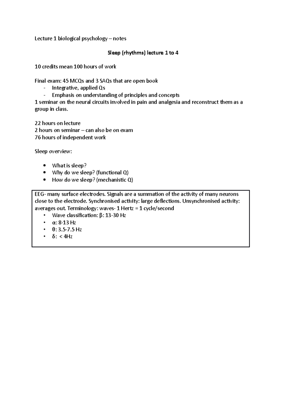 Topic one, sleep - notes for biological - Lecture 1 biological ...