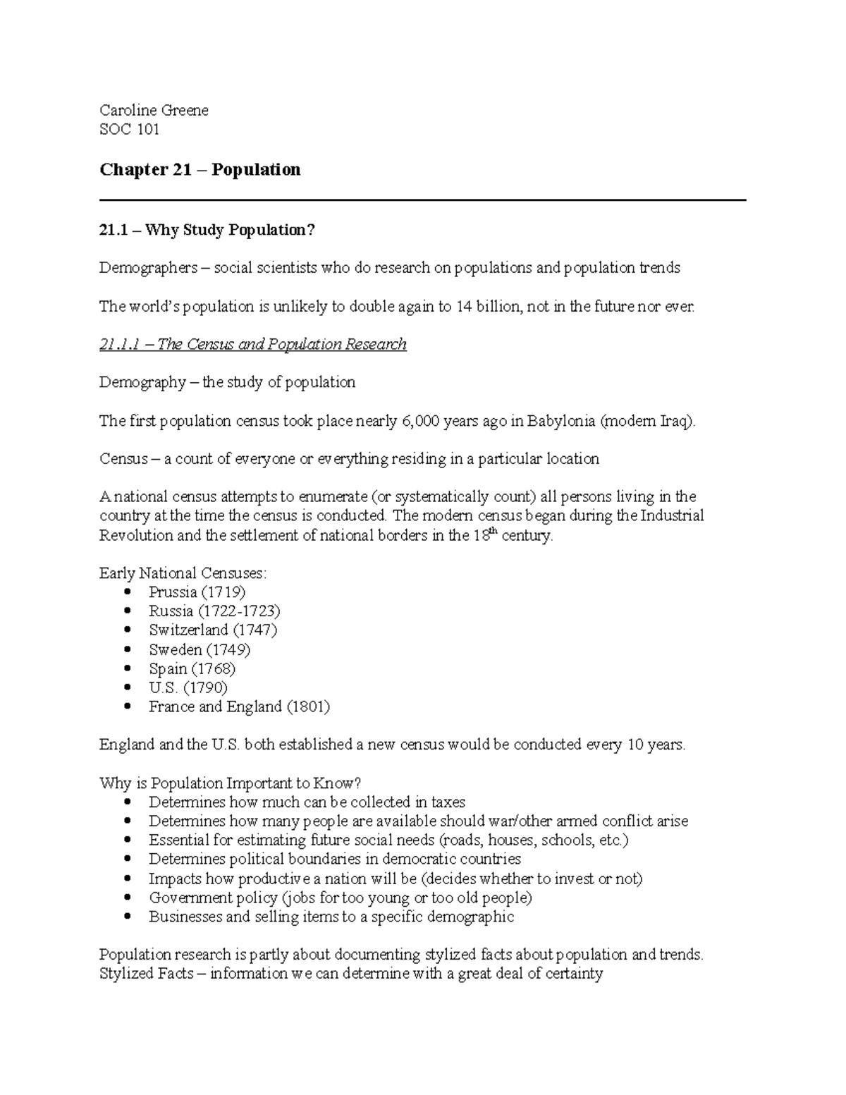 21.1 - Why Study Population? - Caroline Greene SOC 101 Chapter 21 ...