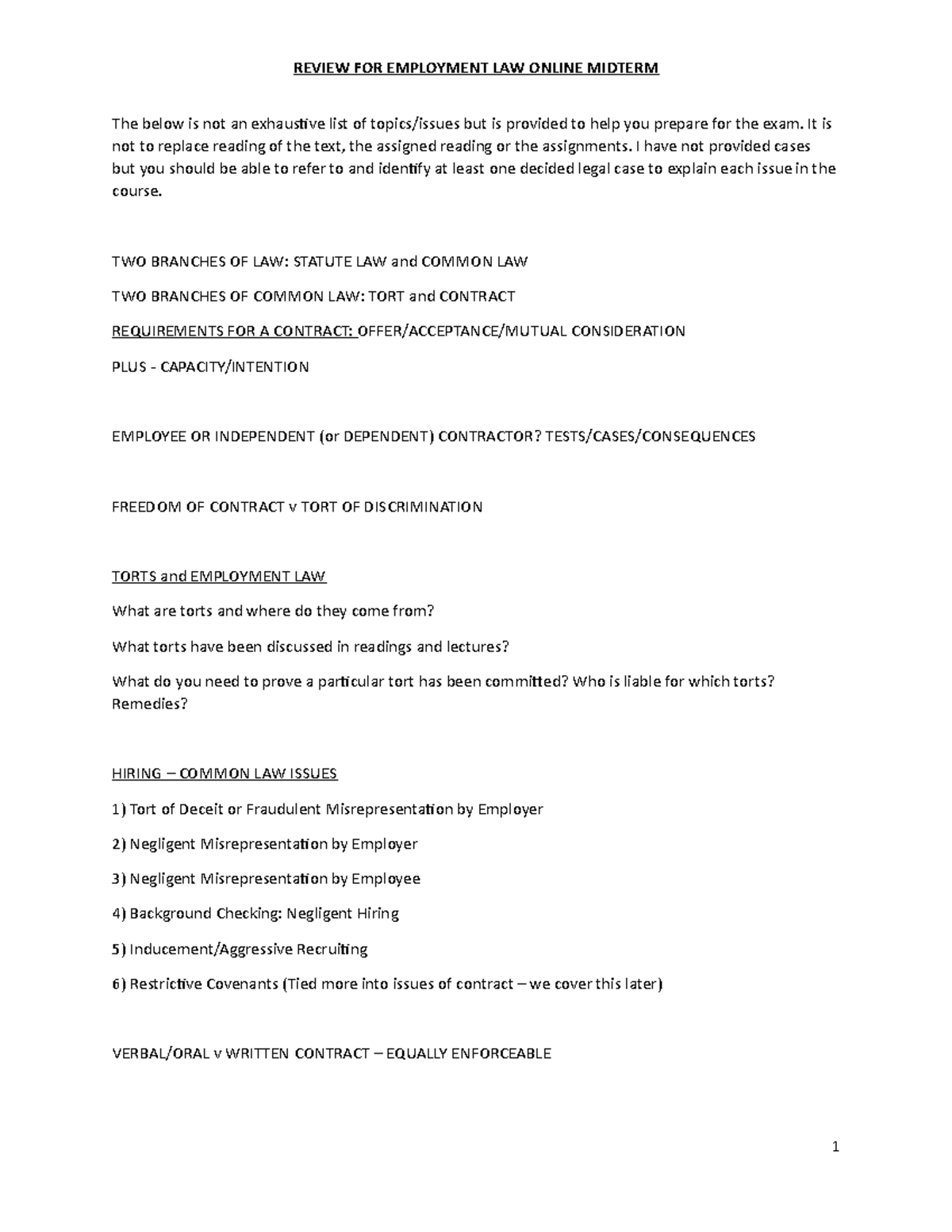 Review FOR Online Midterm S1 2021 - REVIEW FOR EMPLOYMENT LAW ONLINE ...