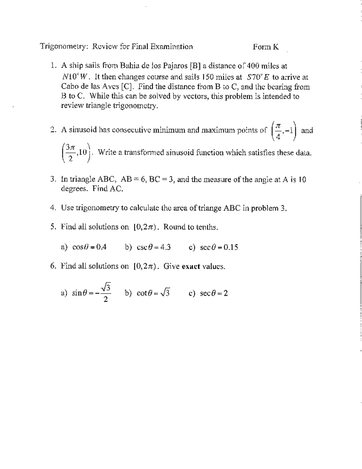 Trig Final Exam Review Form K and solutions - MAT 129 - Studocu