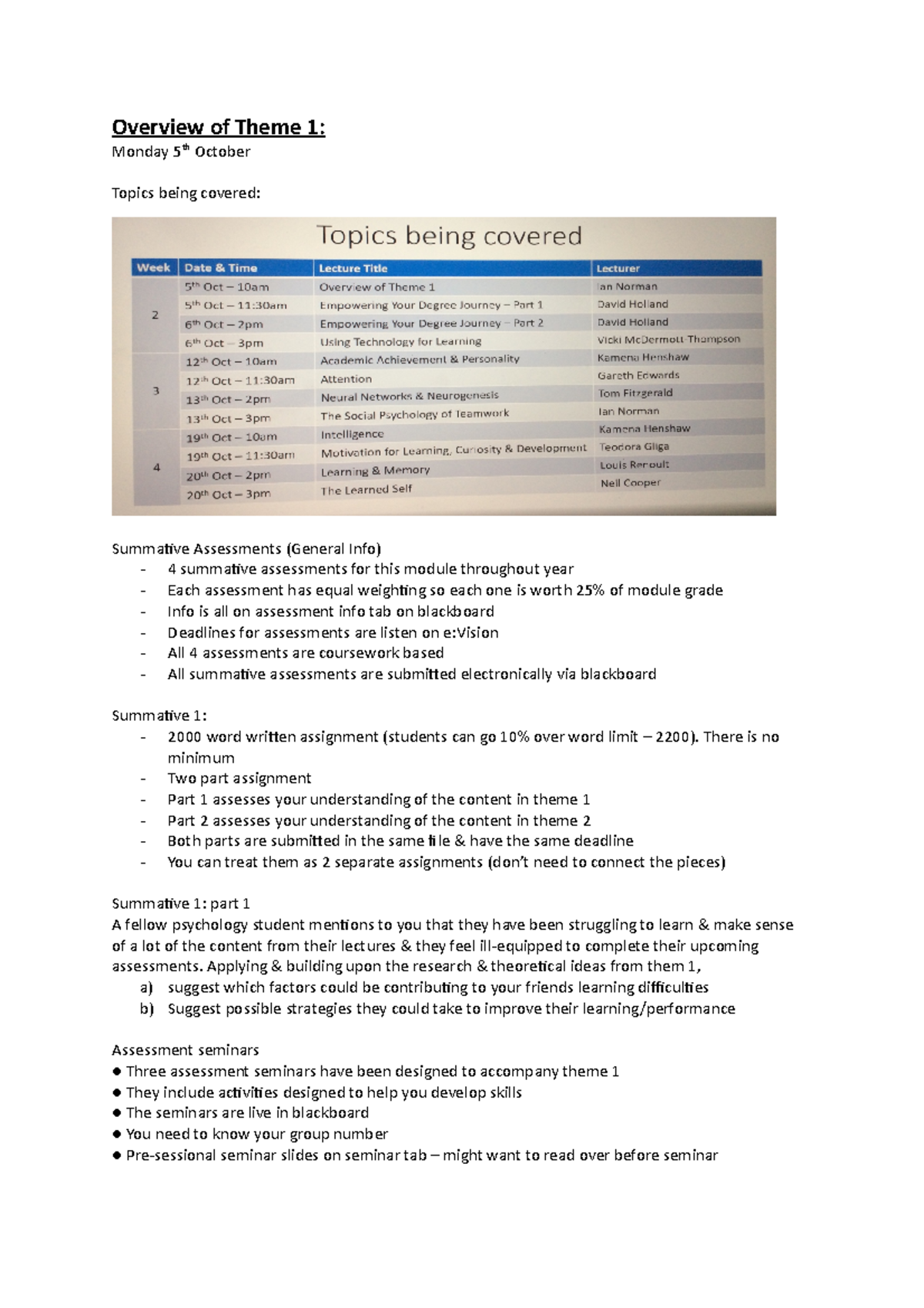 Overview of theme 1 exploring learning - Overview of Theme 1: Monday ...