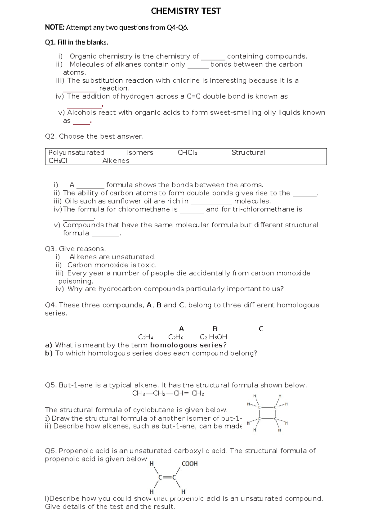 TEST2 chem ch10 - test - CHEMISTRY TEST NOTE: Attempt any two questions ...