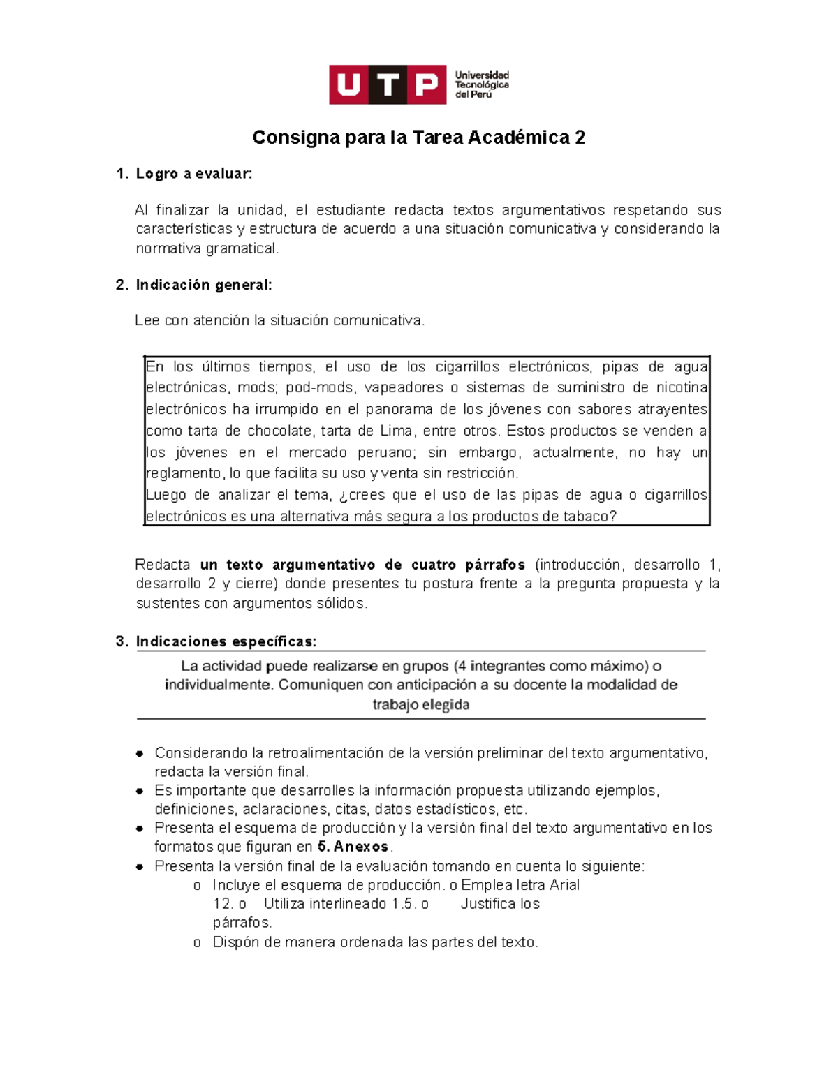 Semana 12 tarea academica 2 comprension y redaccion de textos - Consigna para la Tarea Académica ...