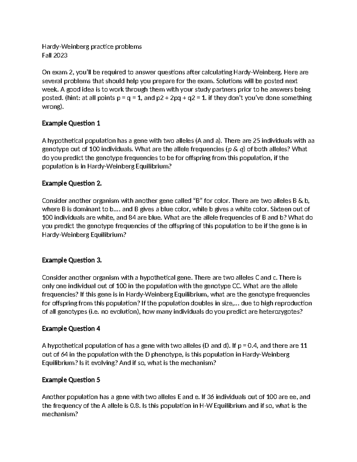 Hardy-Weinberg practice-2 - Here are several problems that should help ...