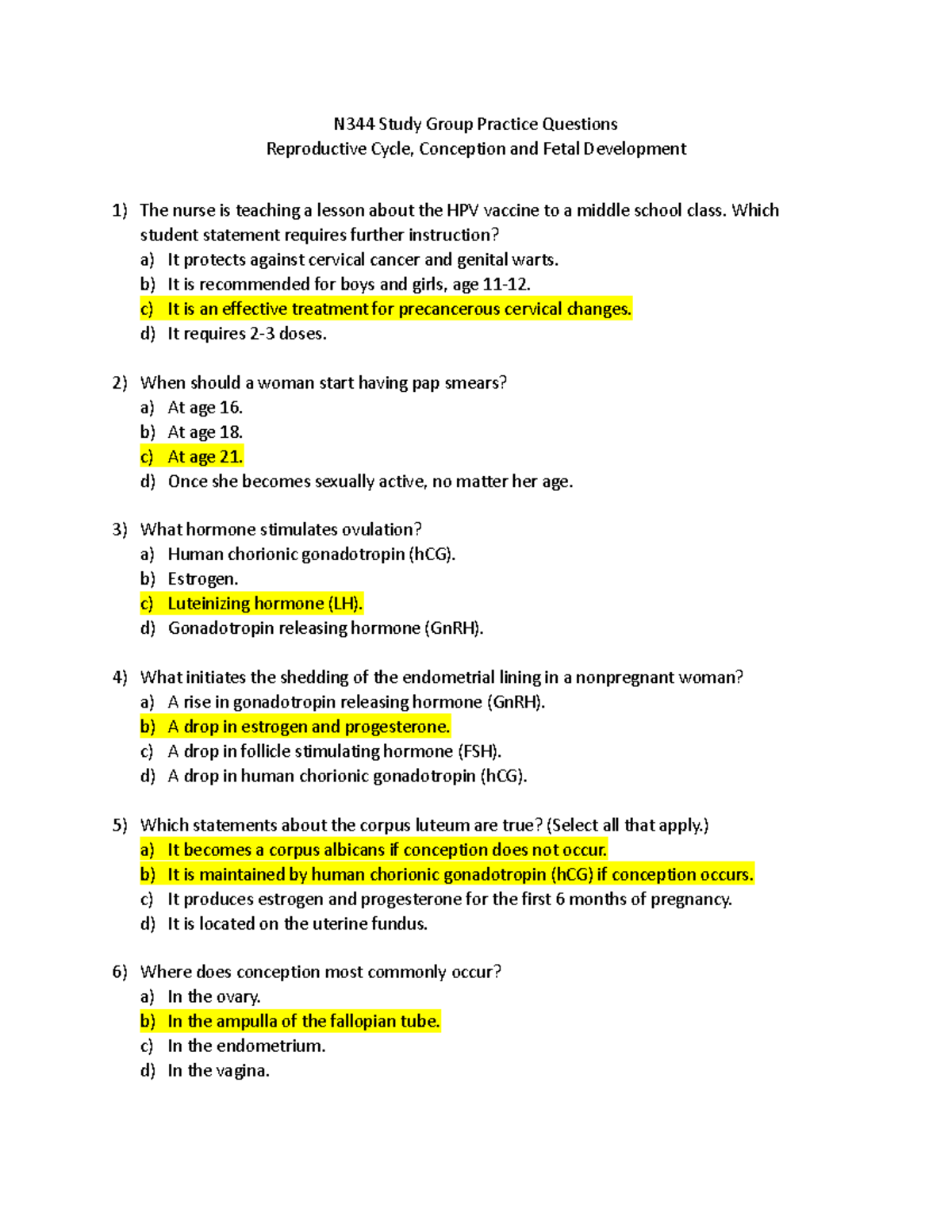 0. Answers Reproductive Cycle, Conception, Fetal Development - N344 ...