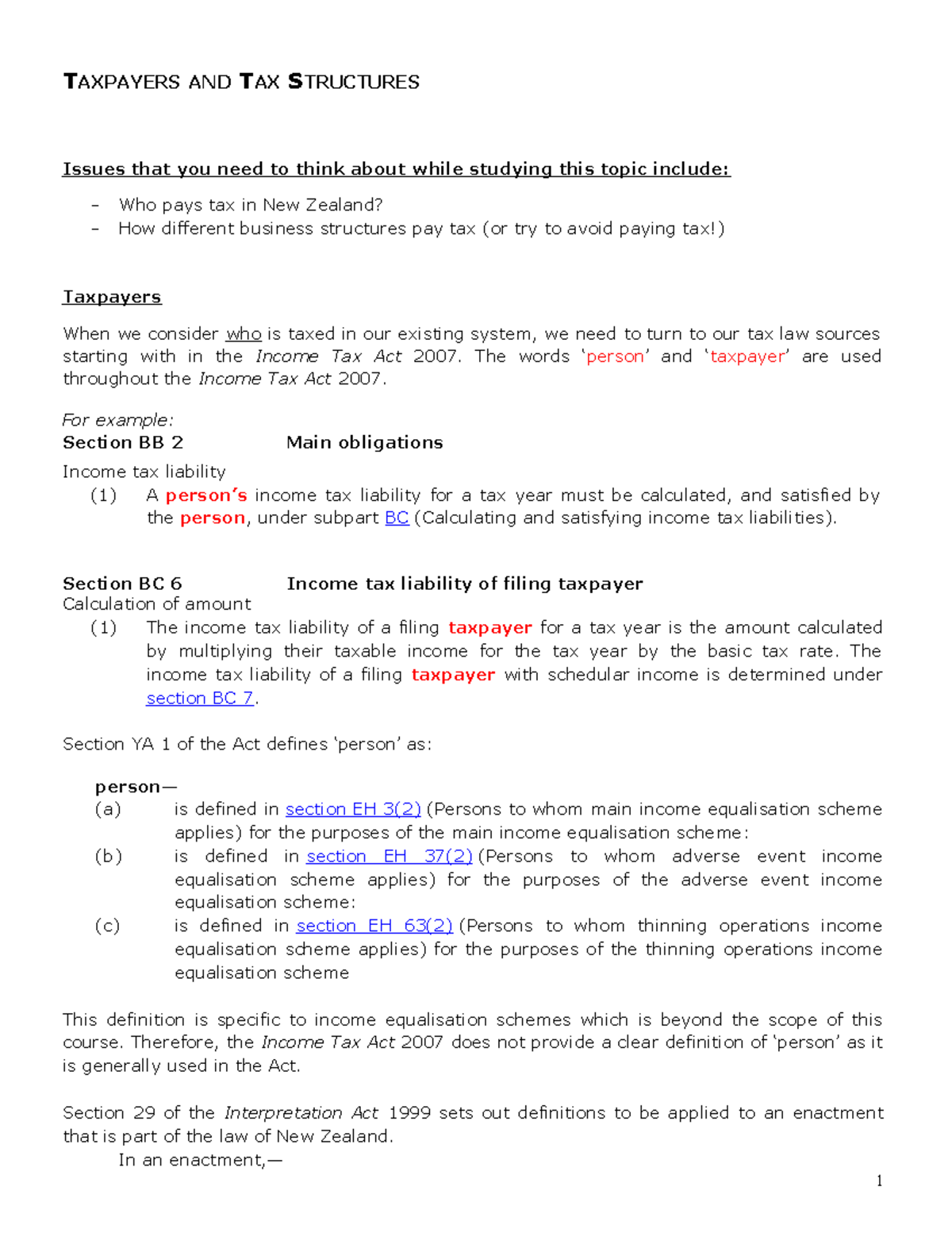 Taxpayers and tax structures - TAXPAYERS AND TAX STRUCTURES Issues that ...