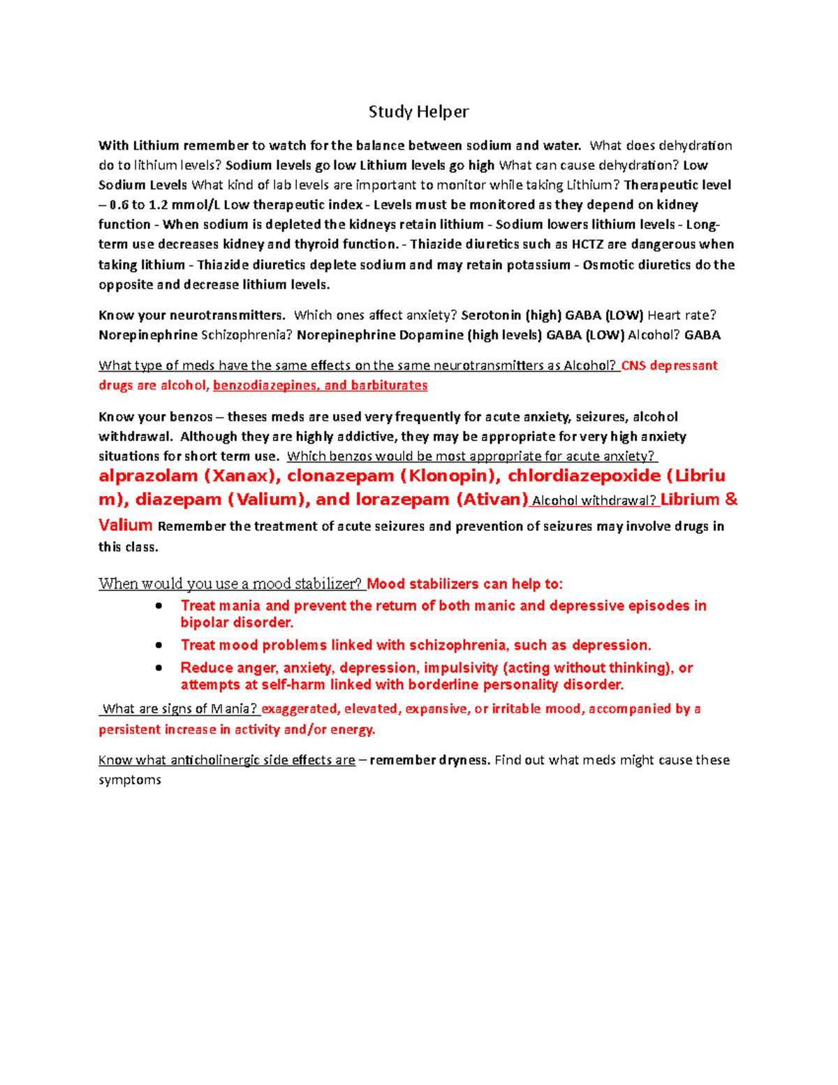 Pharmstudy - pharmocology - Study Helper With Lithium remember to watch for the balance between ...