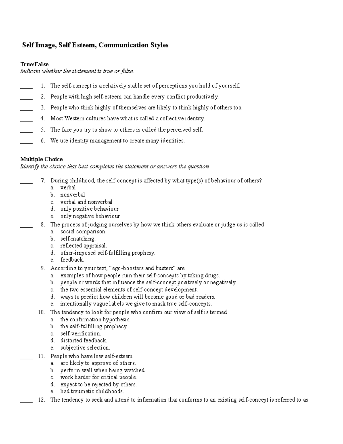 Session 2- Self Image, Self Esteem Review - Self Image, Self Esteem ...