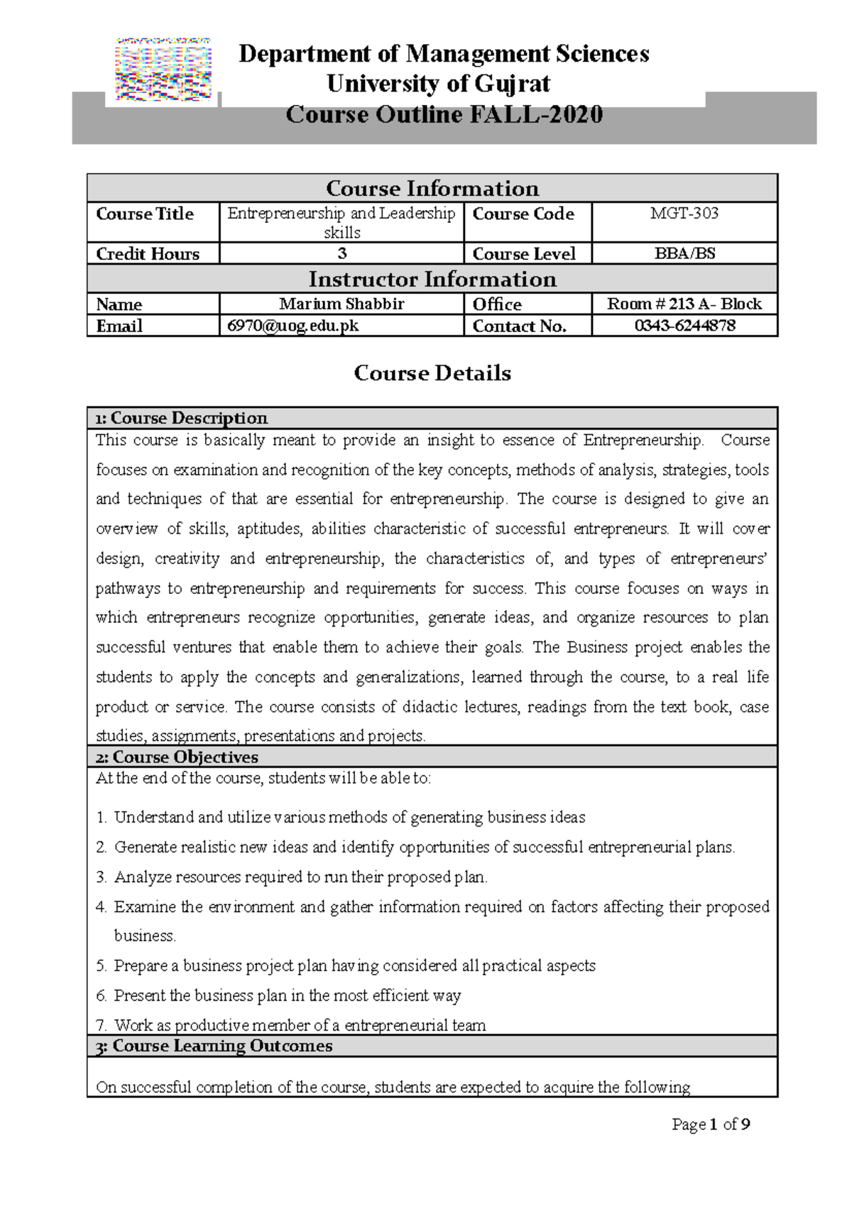 Course outline - Course Information Course Title Entrepreneurship and ...