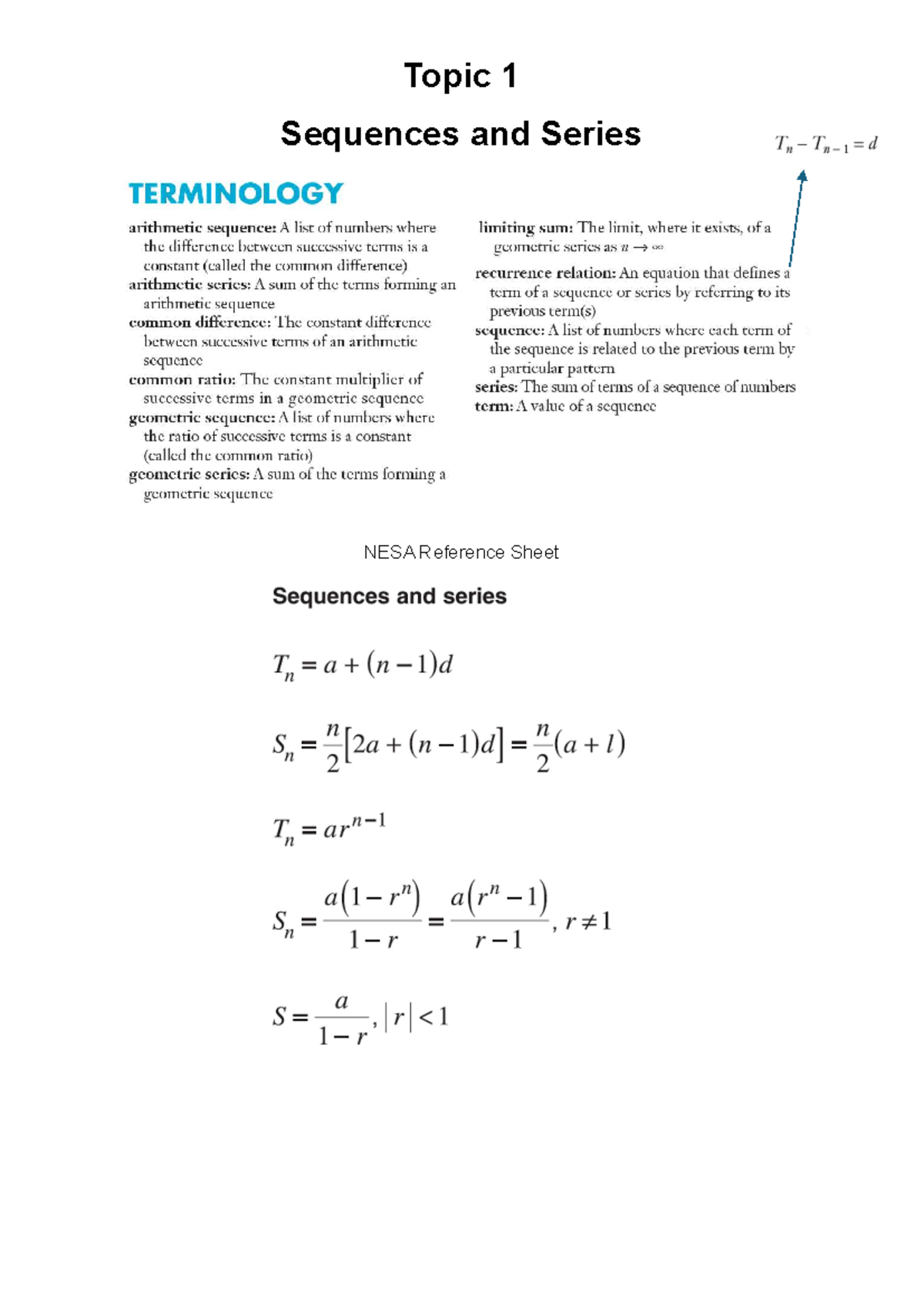 Sequences and series revision booklet - Topic 1 Sequences and Series ...
