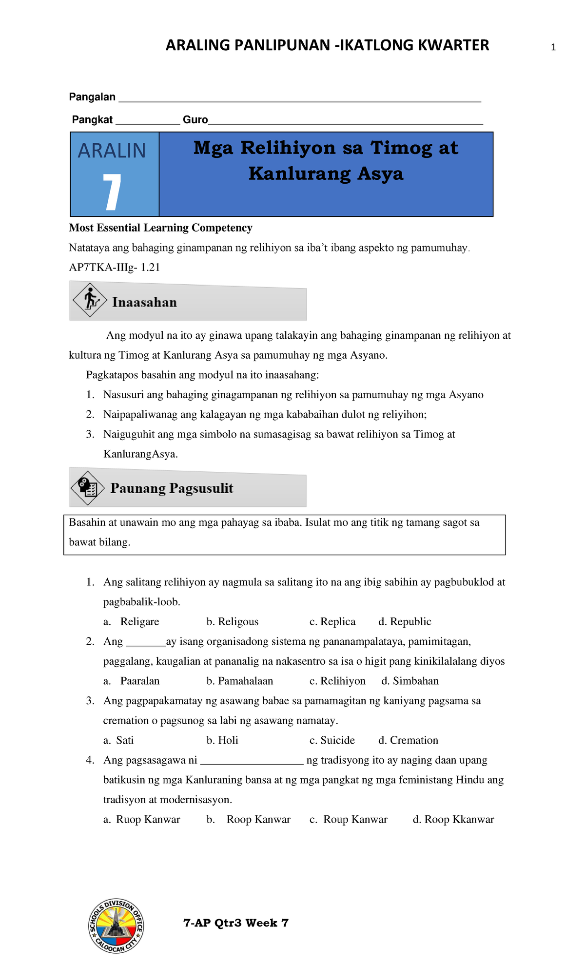 AP 7 Q3 Week 7 - fafafa - Pangalan ...