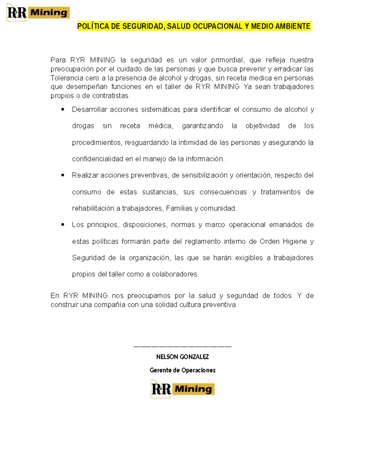 Politica SSO RYR Mining - POLÍTICA DE SEGURIDAD, SALUD OCUPACIONAL Y ...