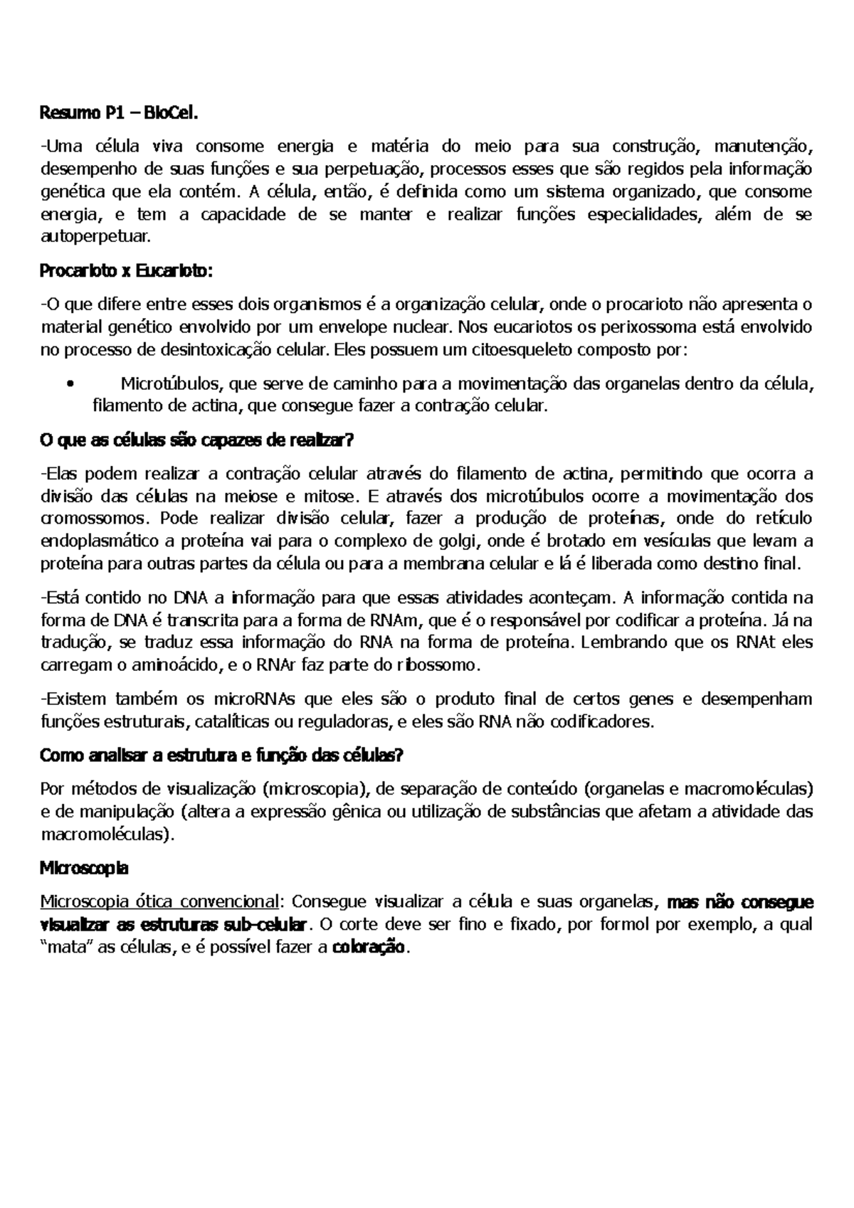 Resumo Biocel P1 - Resumo P1 BioCel. viva consome energia e do meio para sua desempenho de suas ...