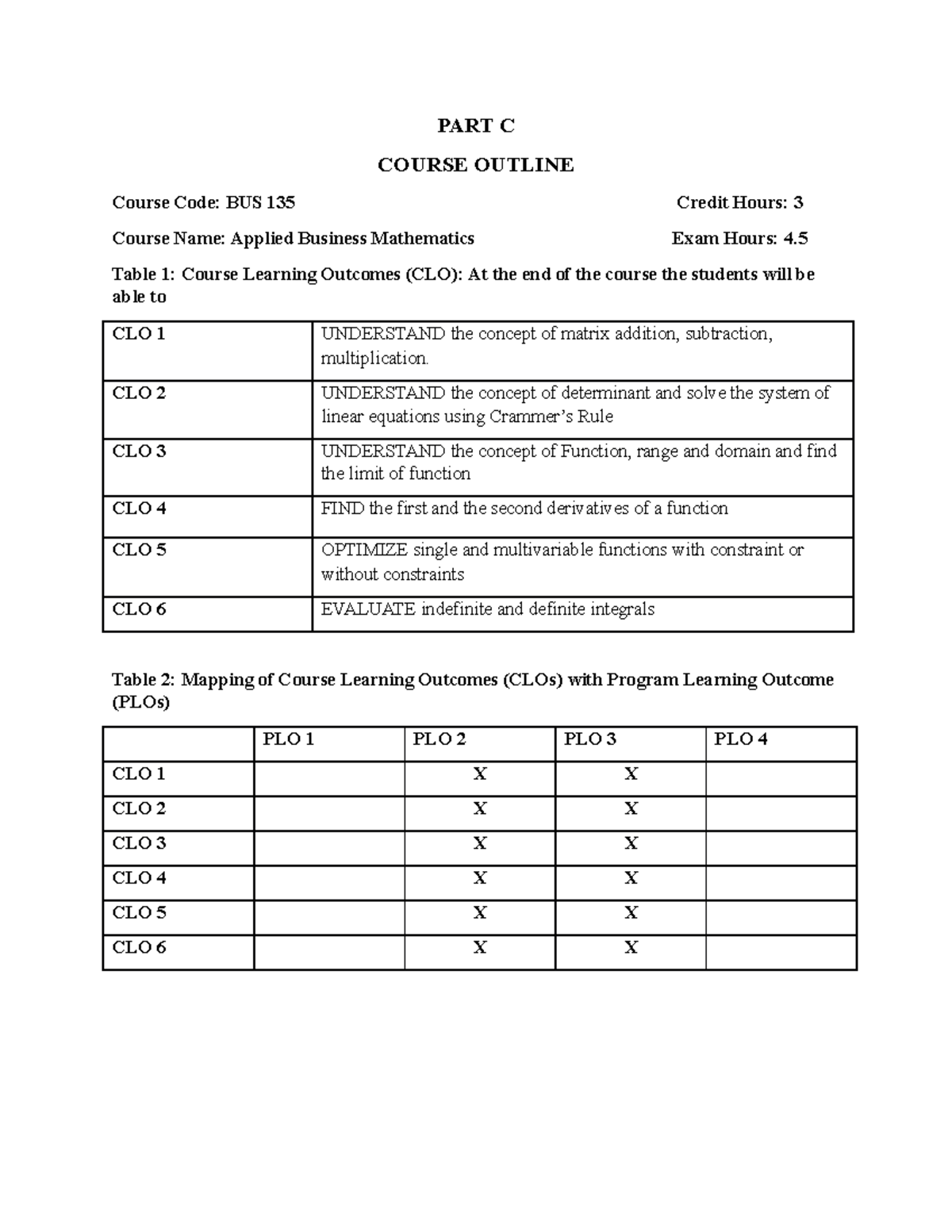 BUS135 Applied Business Math course outline - PART C COURSE OUTLINE ...
