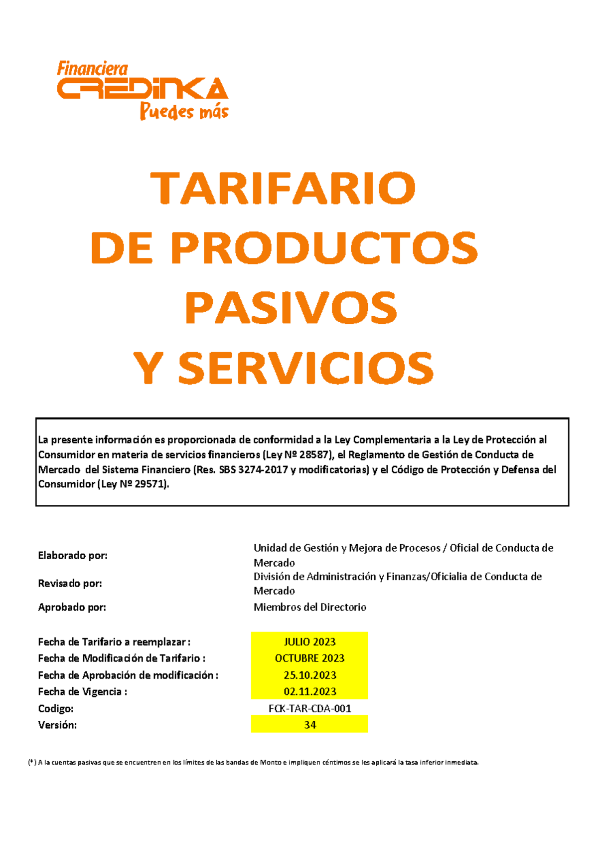 FCK-TAR-CDA-001 Tarifario de Productos Pasivos y Servicios V34 - La ...
