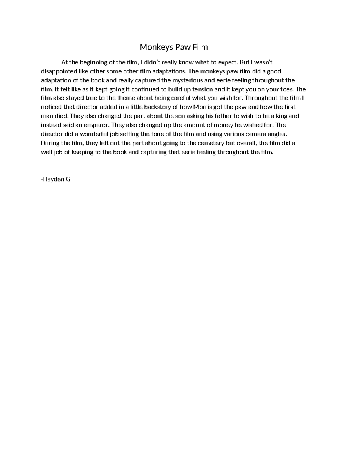 Monkeys Paw paragraph - Monkeys Paw Film At the beginning of the film ...