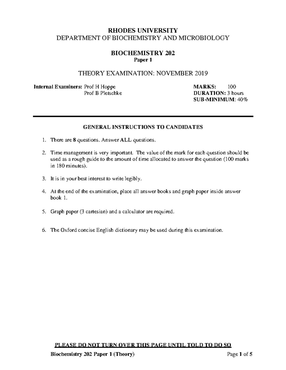 2019 11 BCH 202 Paper 1 Nov 2019 - RHODES UNIVERSITY DEPARTMENT OF ...