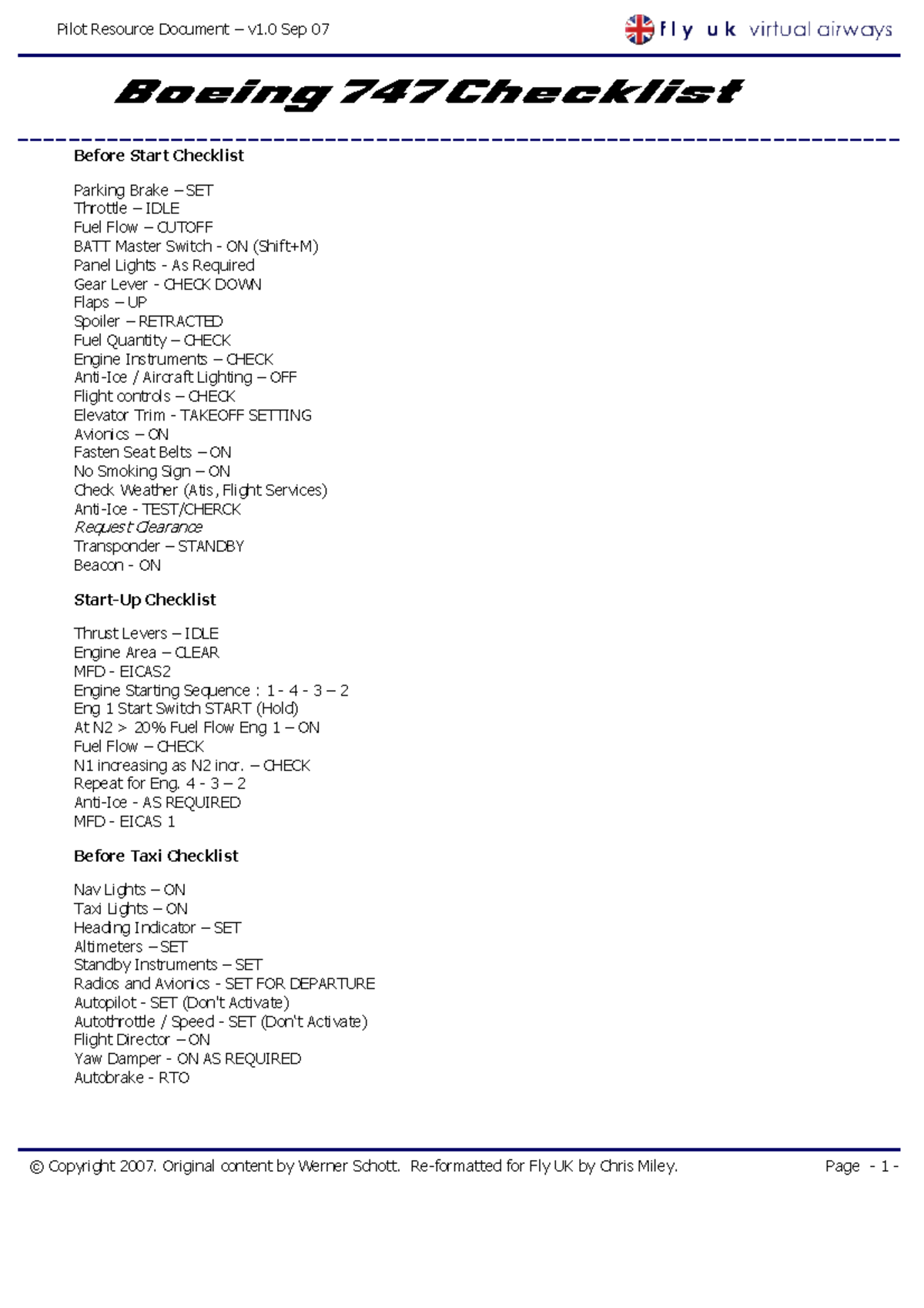 UKV PRD B747 Checklist V1 - Boeing 747 Checklist Before Start Checklist ...