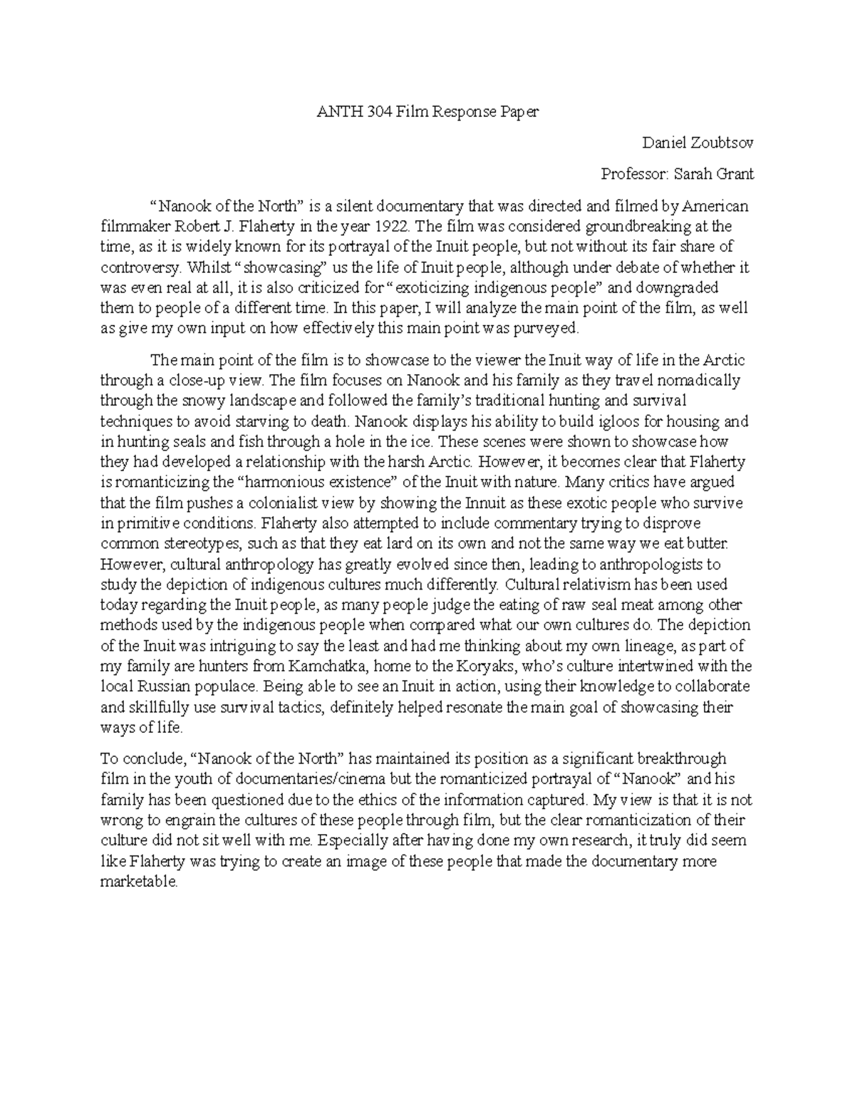 ANTH 304 Film Response Paper - ANTH 304 Film Response Paper Daniel ...