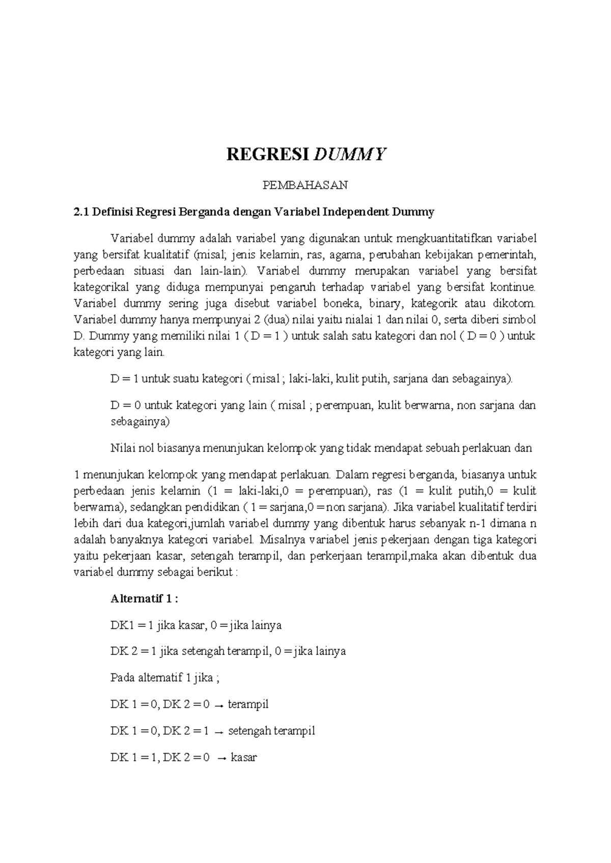 Regresi Dummy - REGRESI DUMMY PEMBAHASAN 2 Definisi Regresi Berganda ...