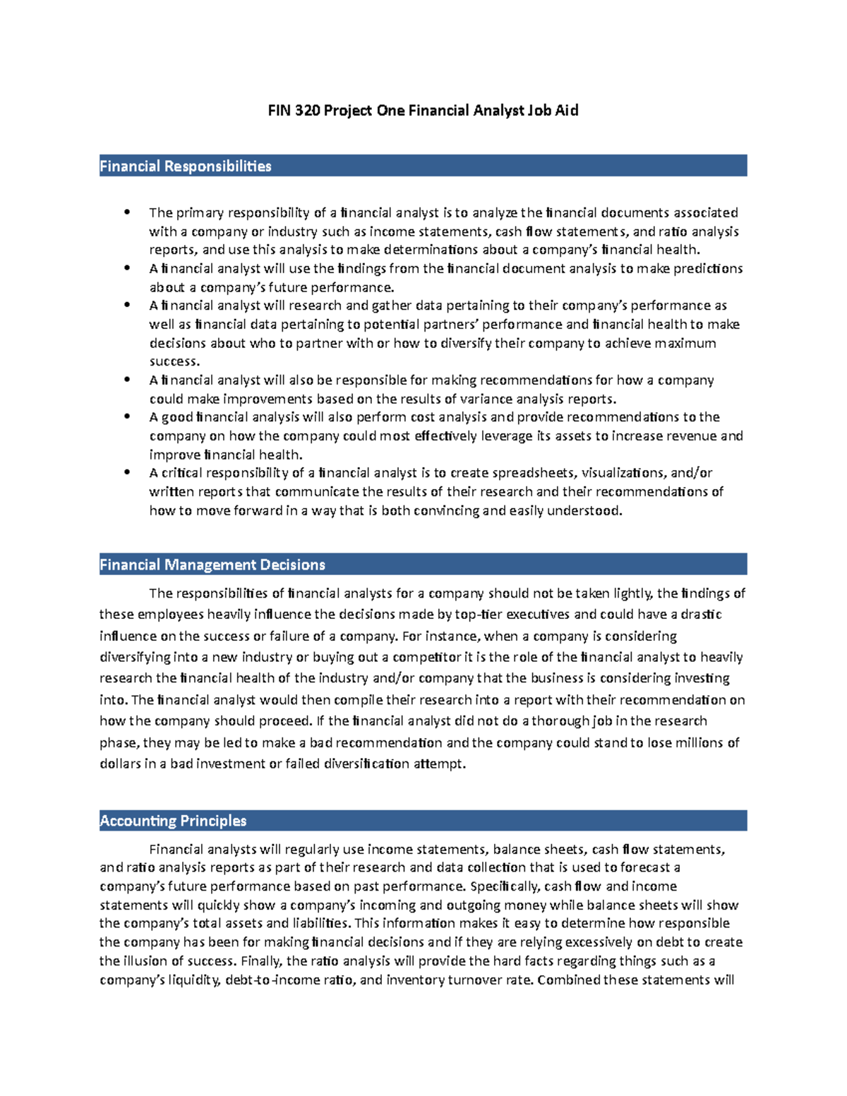 Module 3 Project One Financial Analyst Job Aid - FIN 320 Project One ...
