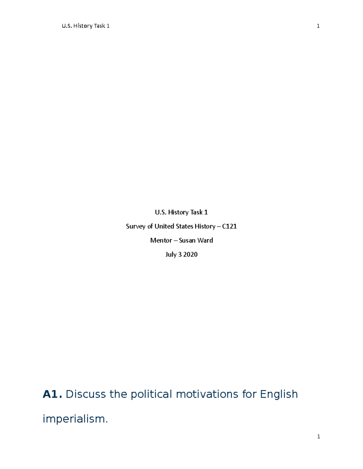 US History Assessment - U. History Task 1 Survey of United States ...