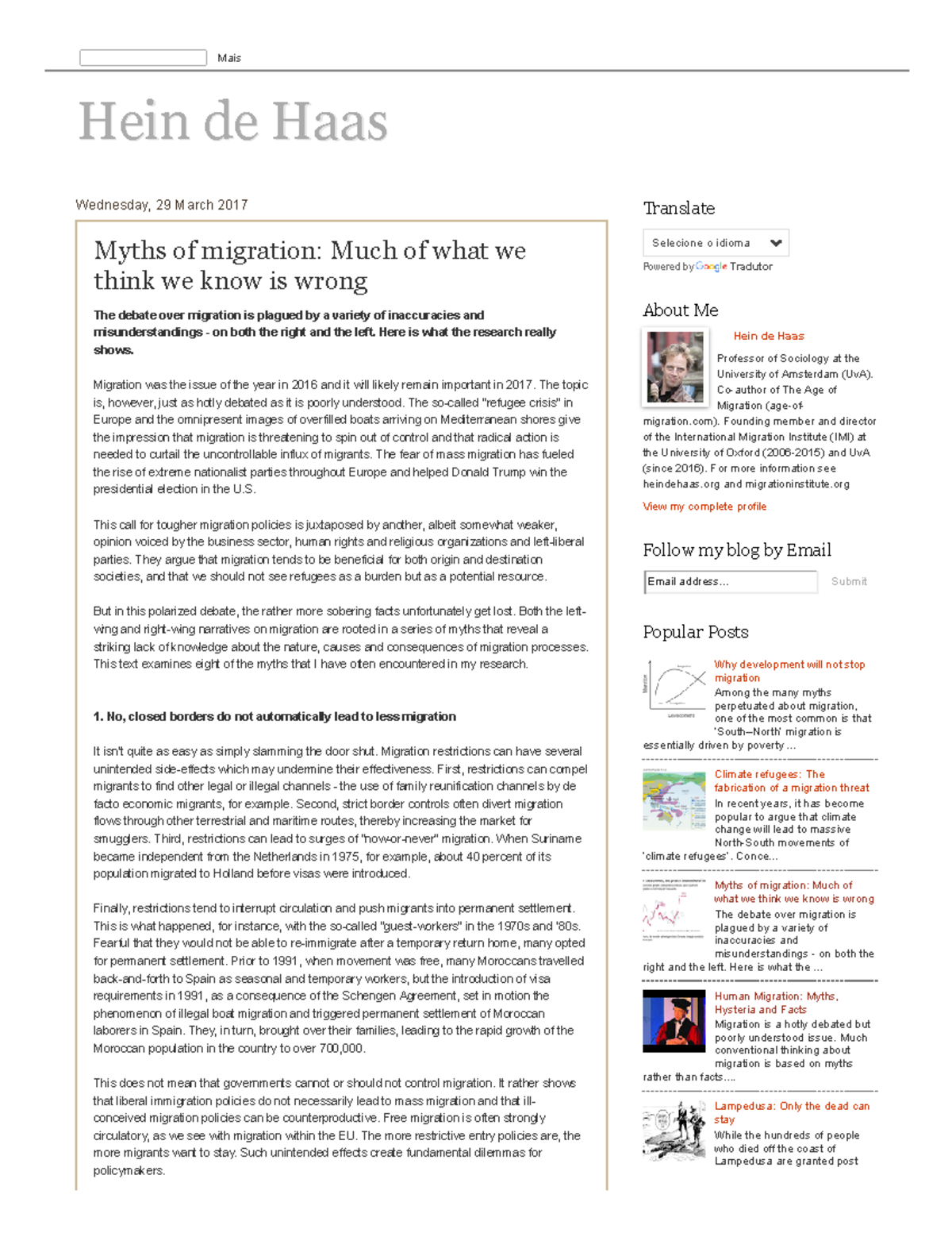 Hein de Haas Myths of migration Much of what we think we know is wrong ...