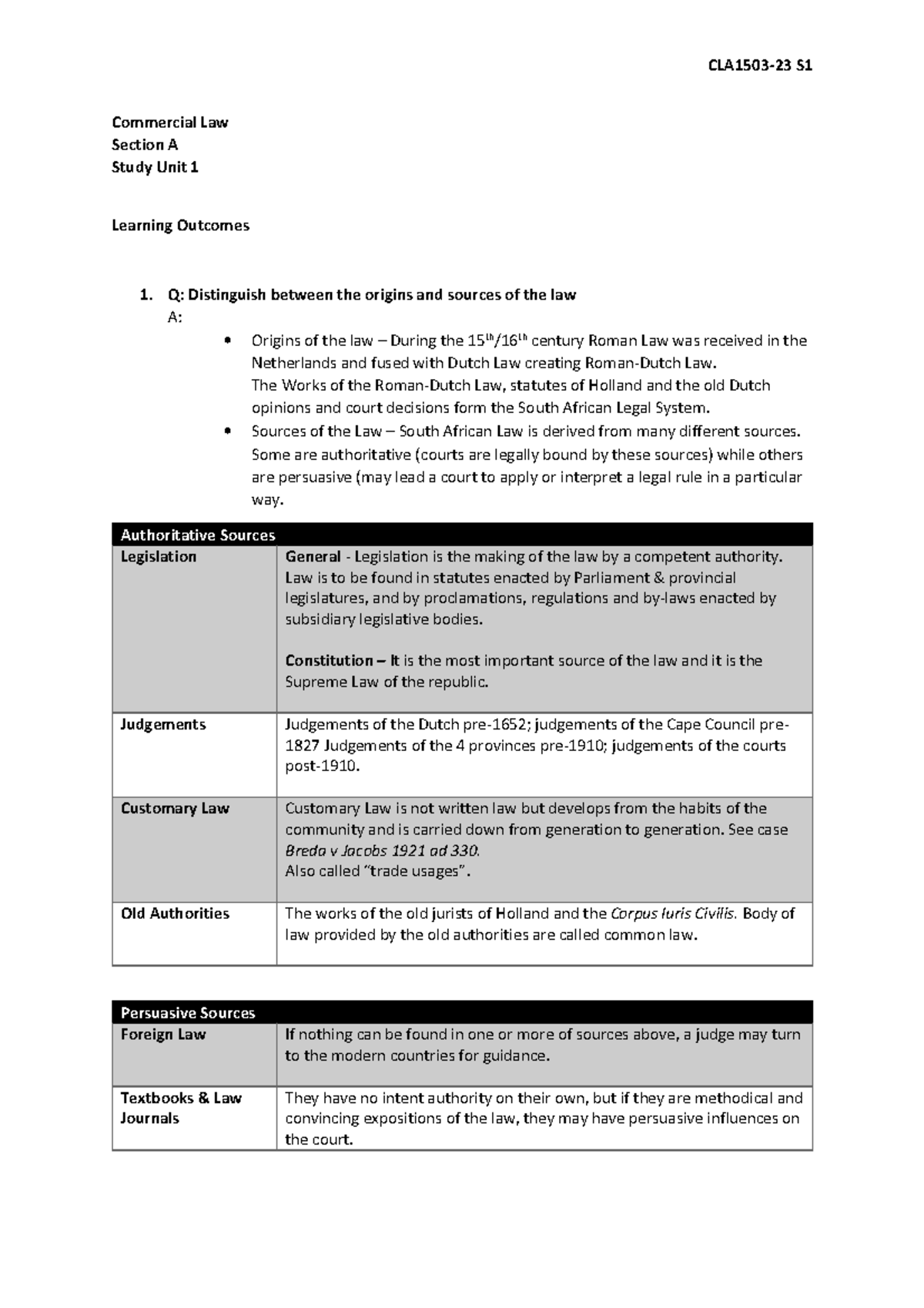 CLA1503 Section A (SU1) - Commercial Law Section A Study Unit 1 ...
