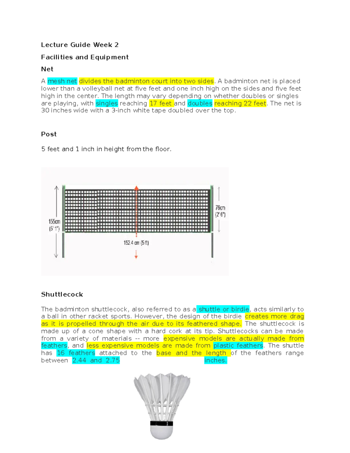 Lecture Guide Week 2 - badminton - Lecture Guide Week 2 Facilities and ...