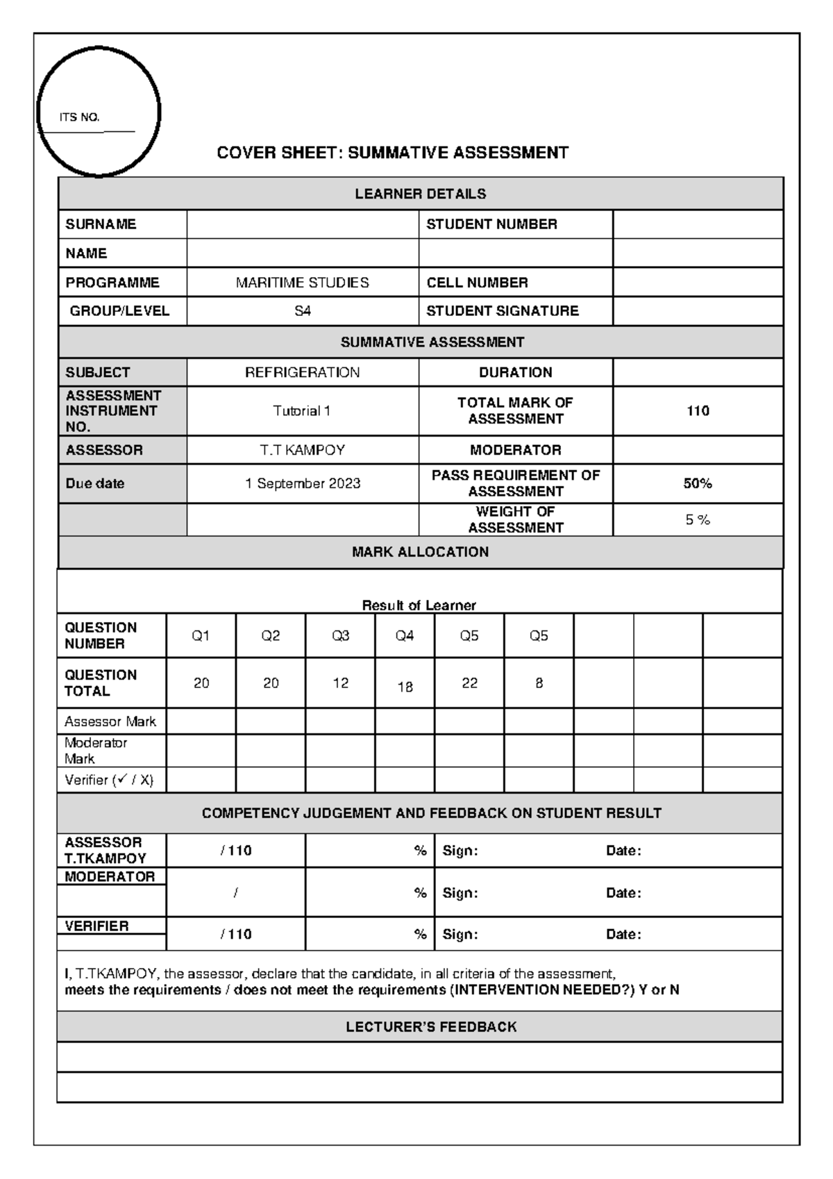 TUT1 AND 2 -REF300S-2023 - ITS NO. COVER SHEET: SUMMATIVE ASSESSMENT Result of Learner QUESTION ...