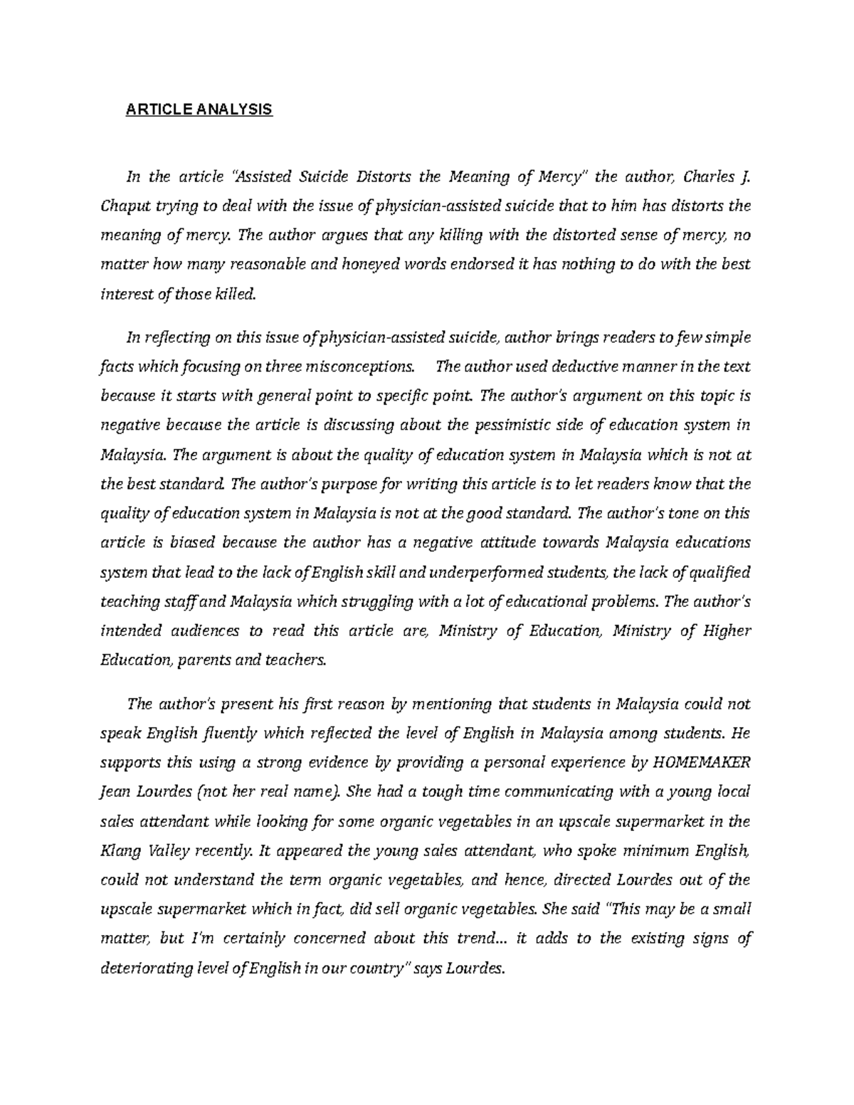 ELC501 Article Analysis Summary - ARTICLE ANALYSIS In the article ...