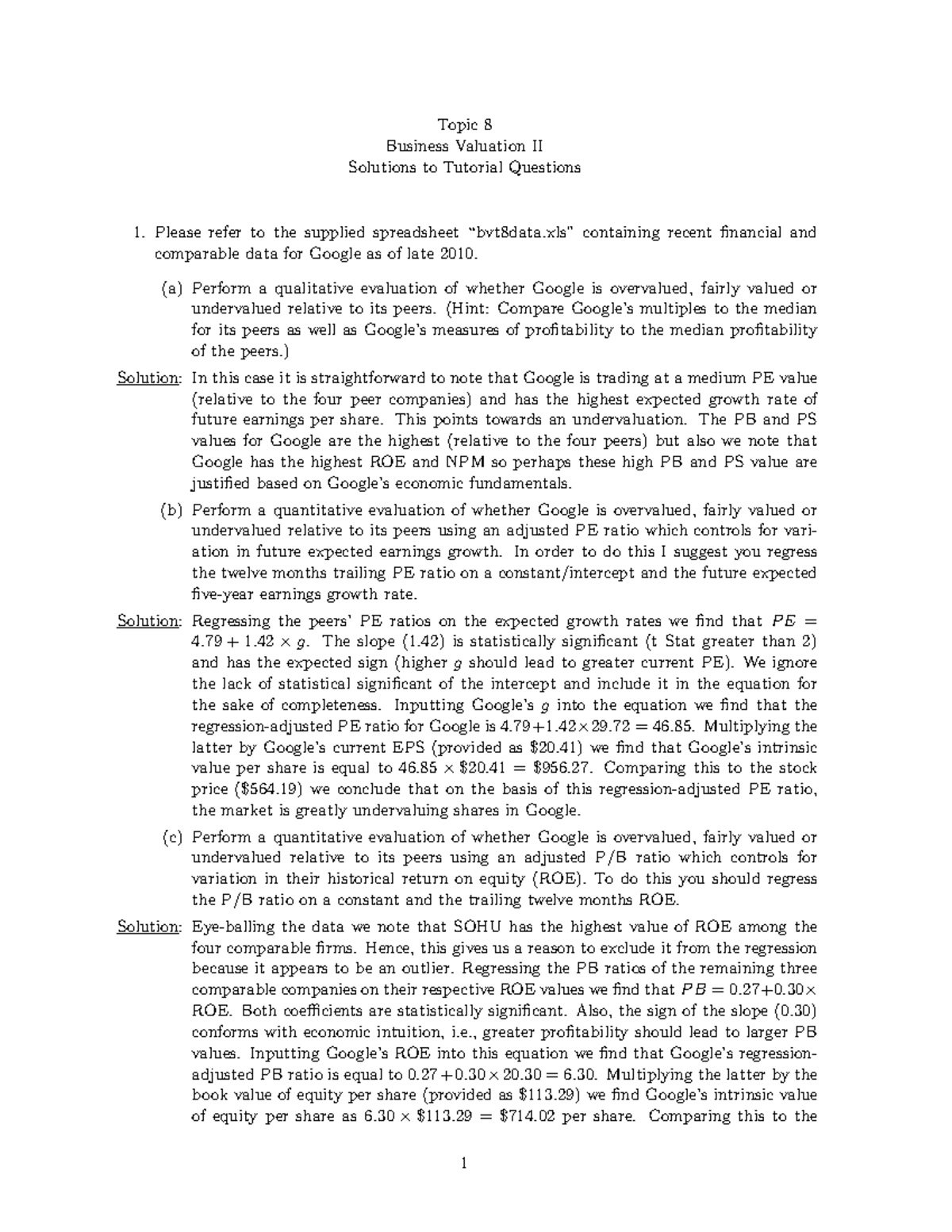 Business Valuation-Tutorial8 - Topic 8 Business Valuation II Solutions ...