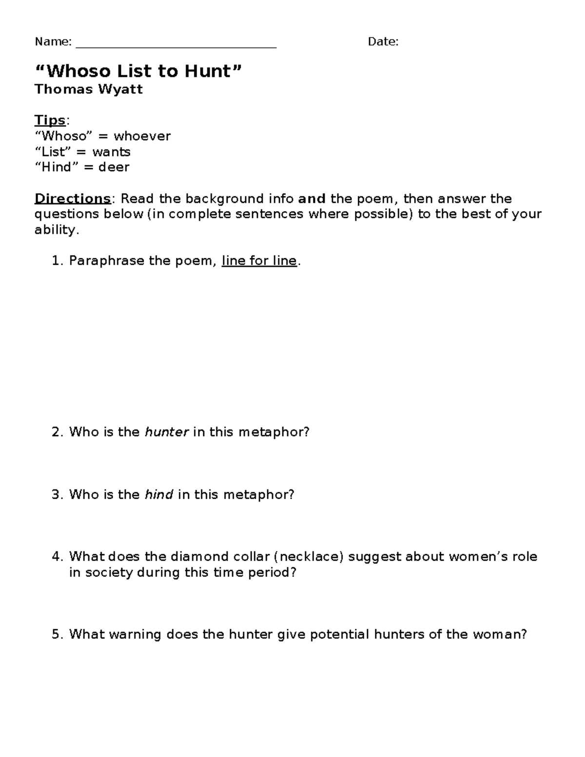 Whoso List to Hunt worksheet - Name ...